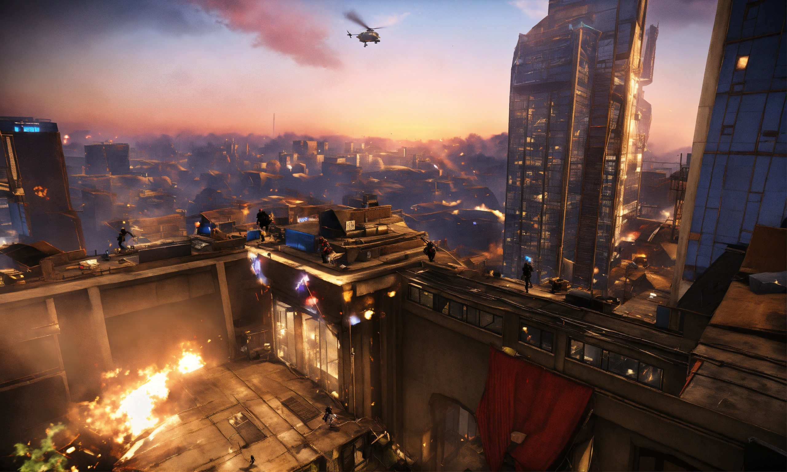 Lexica - Skyscraper rooftop, call of duty, blue sky, video game, bright