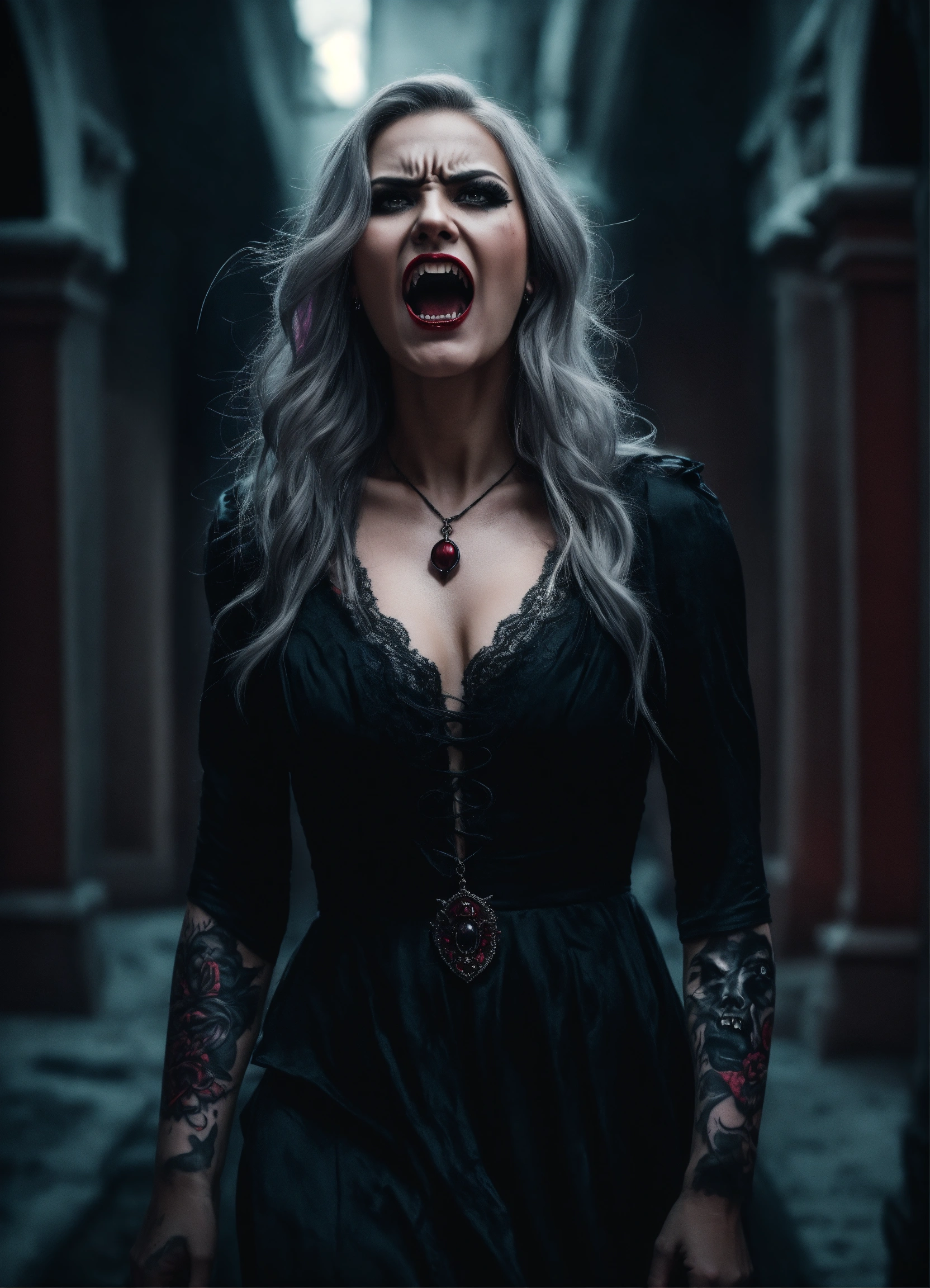 Lexica - A medium shot photography of female vampire, screaming, fangs ...