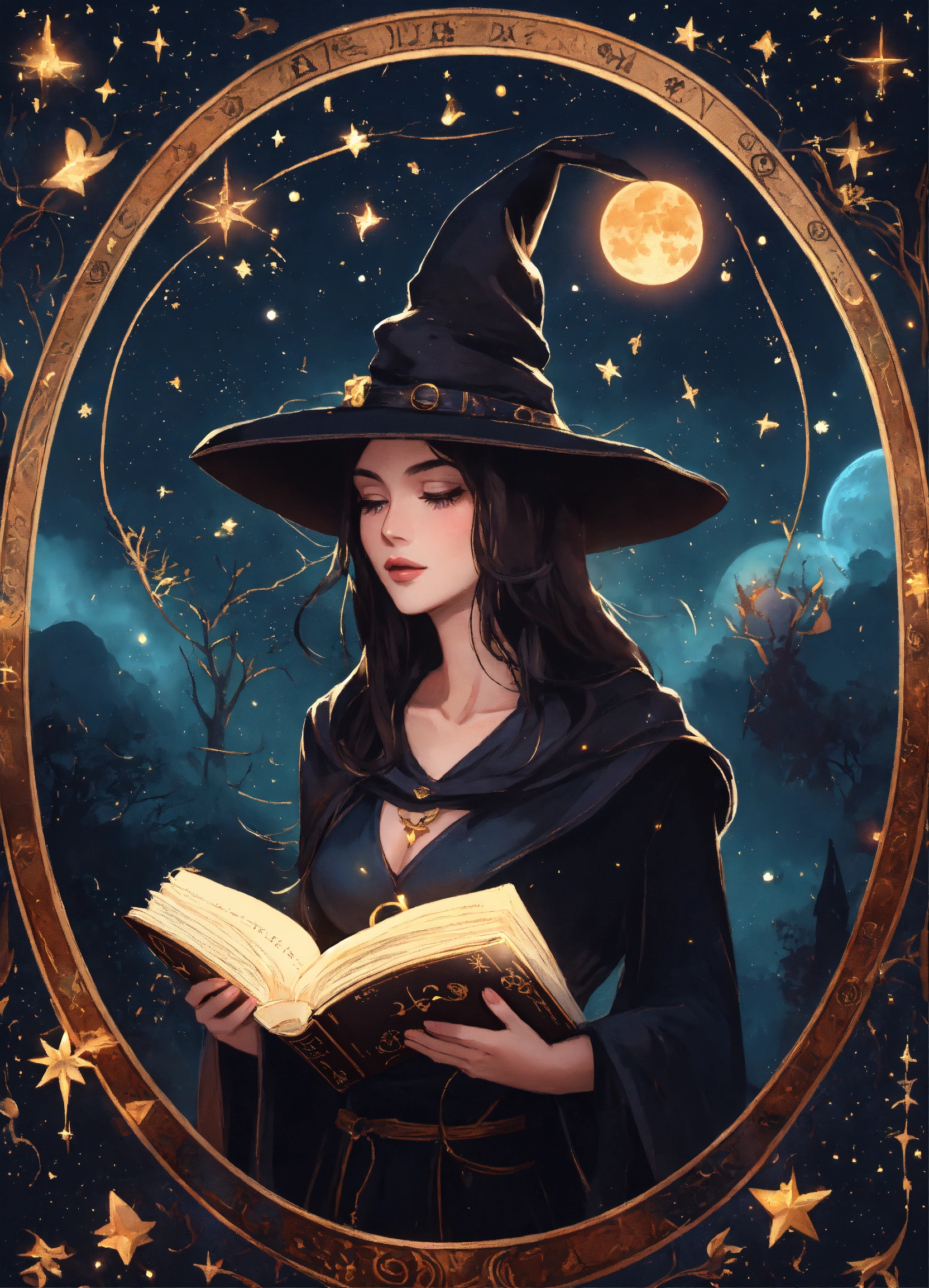 Lexica - Mysterious witch wearing a black hat and cloak, reading a ...