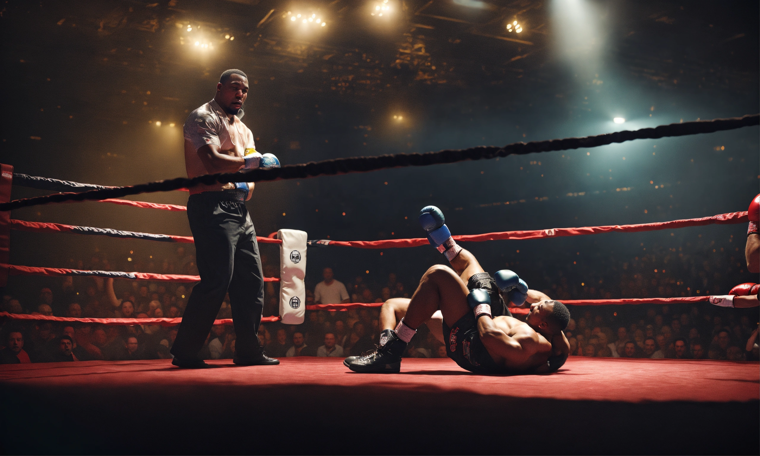 Lexica - Create an image of a man hanging in a boxing ring, leaning ...
