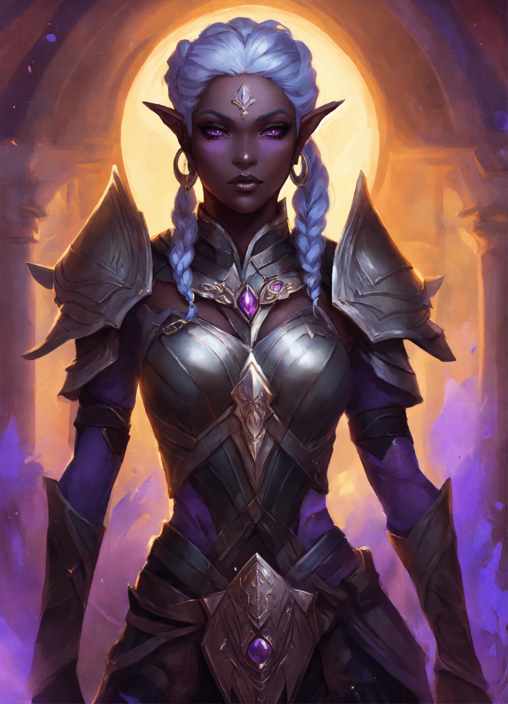Lexica - A beautiful drow woman in sun themed armor. she has braids and dark gray skin. obsidian ...