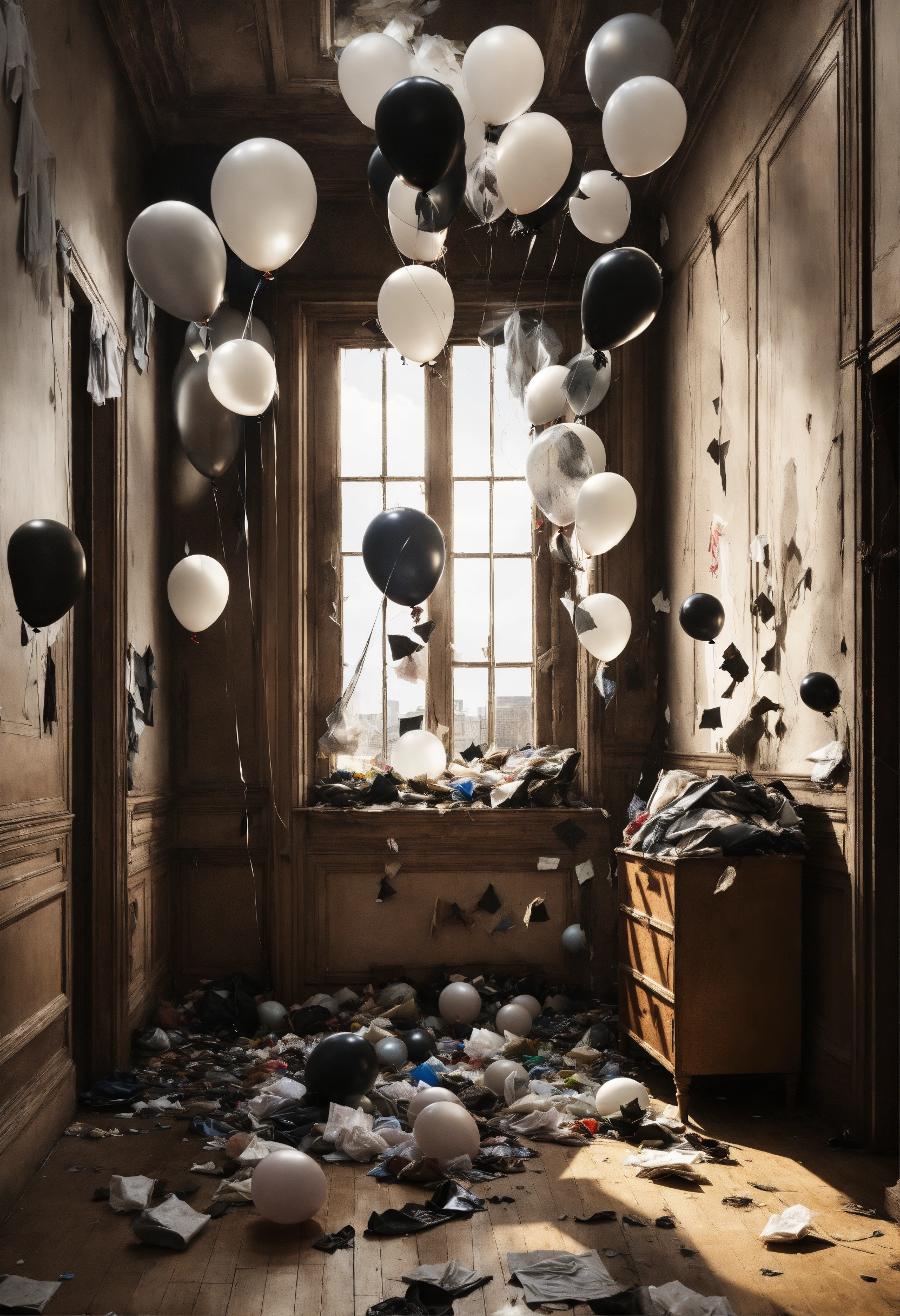 Lexica - A black and white striped balloon is hanging in the air, there ...