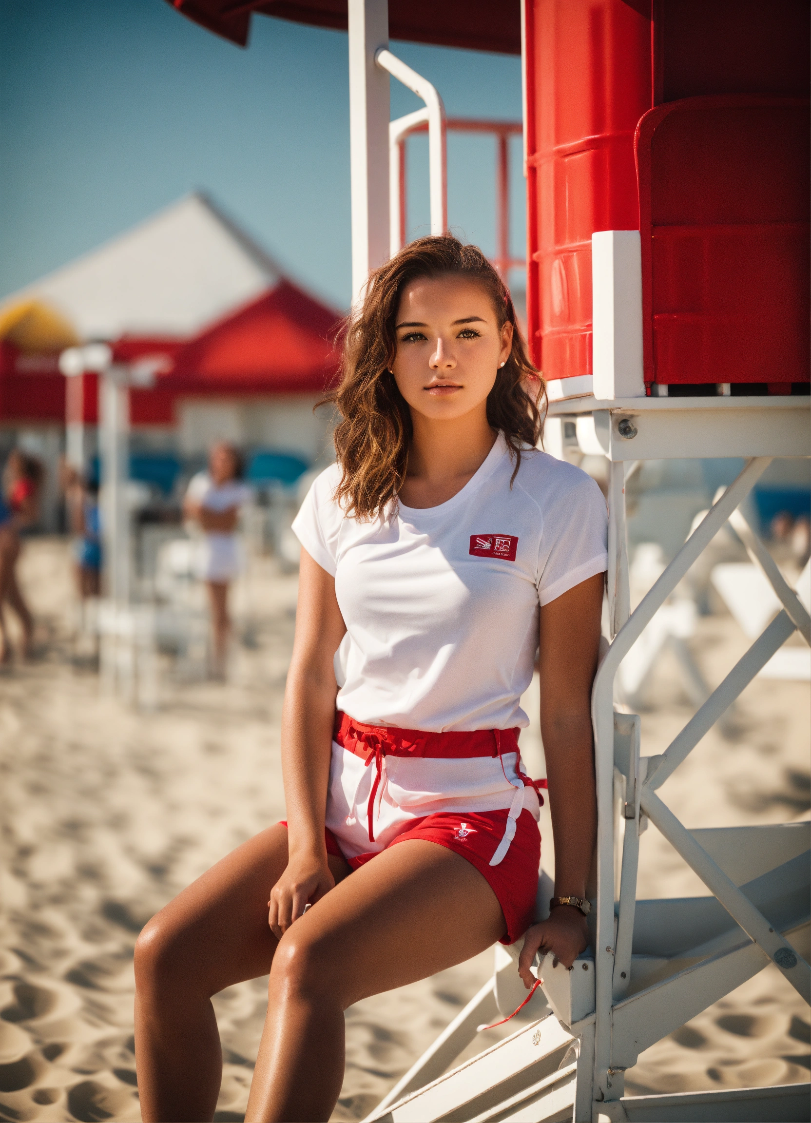 Lexica - 1girl, a girl as a lifeguard, sitting in the sun on a white ...