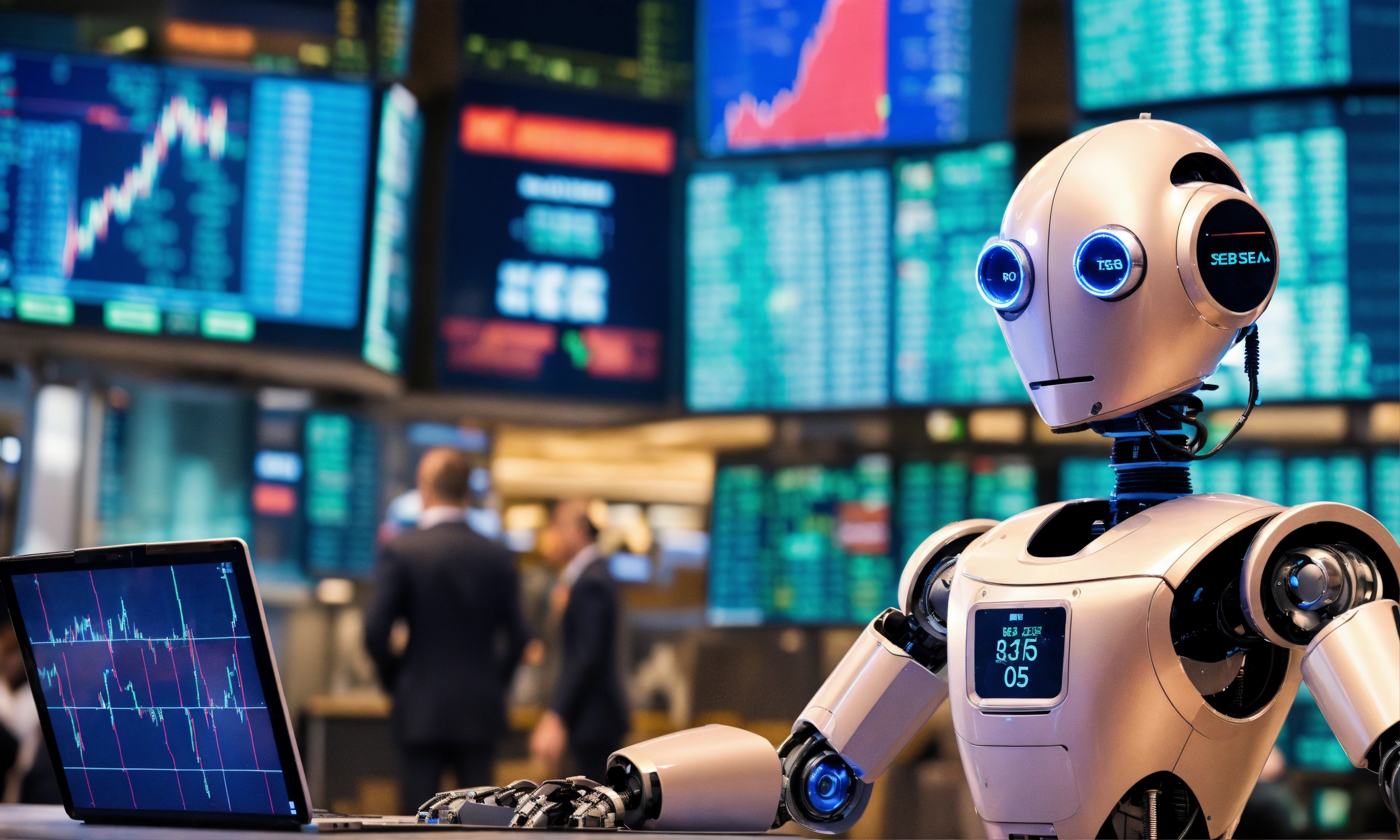 Lexica - A robot standing in front of a stock market exchange, with ...