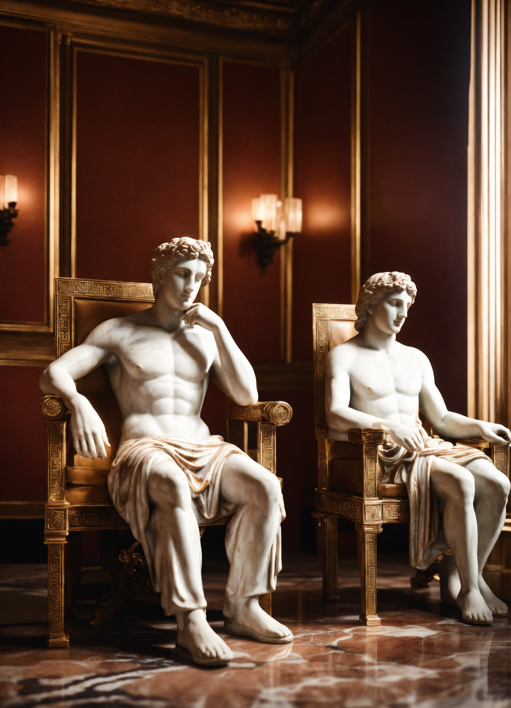 Lexica - Greek marble statues sitting in a club chair, sad expressions ...