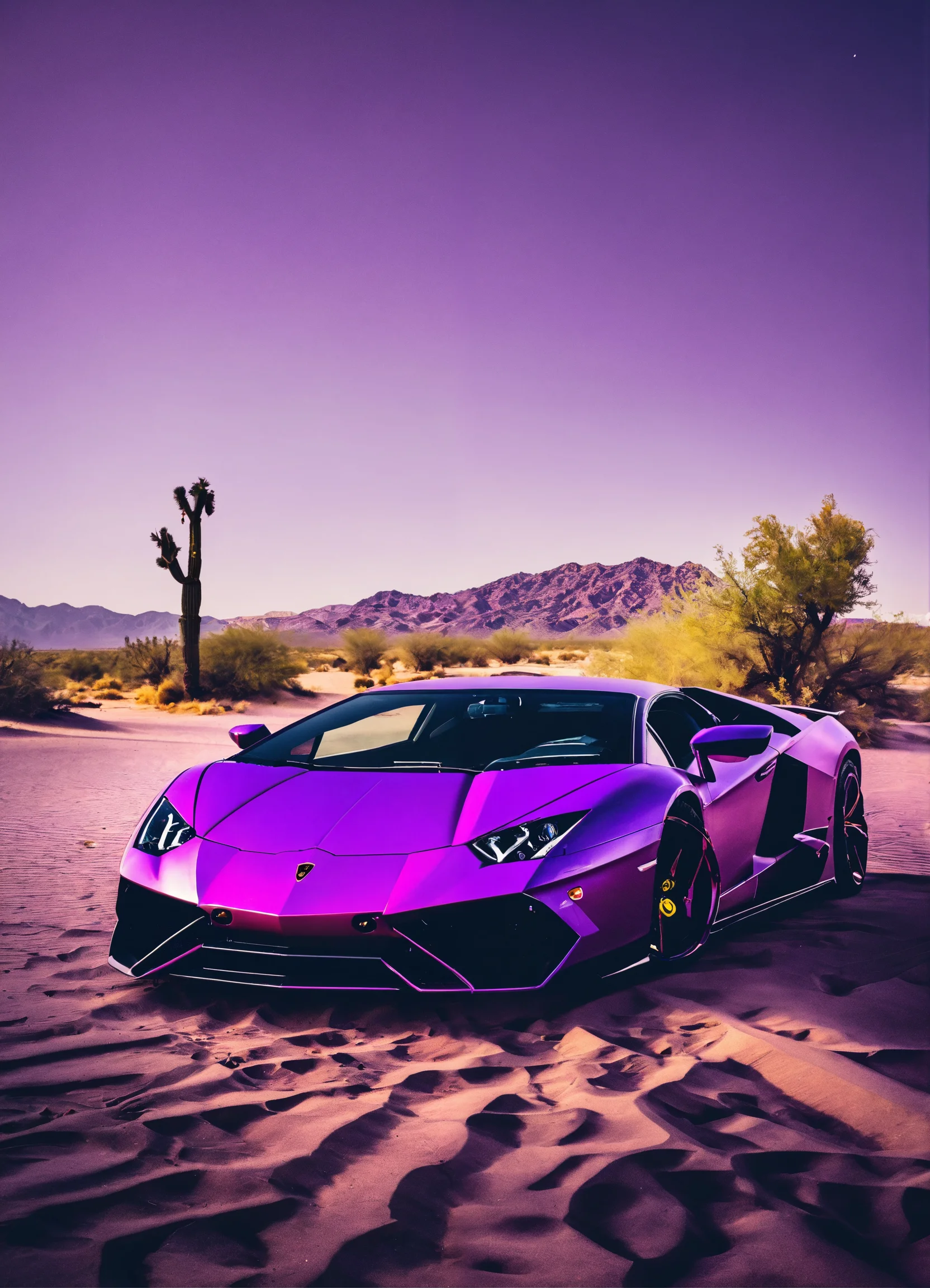 Lexica - Ein lila farbener Lamborghini in der Wüste