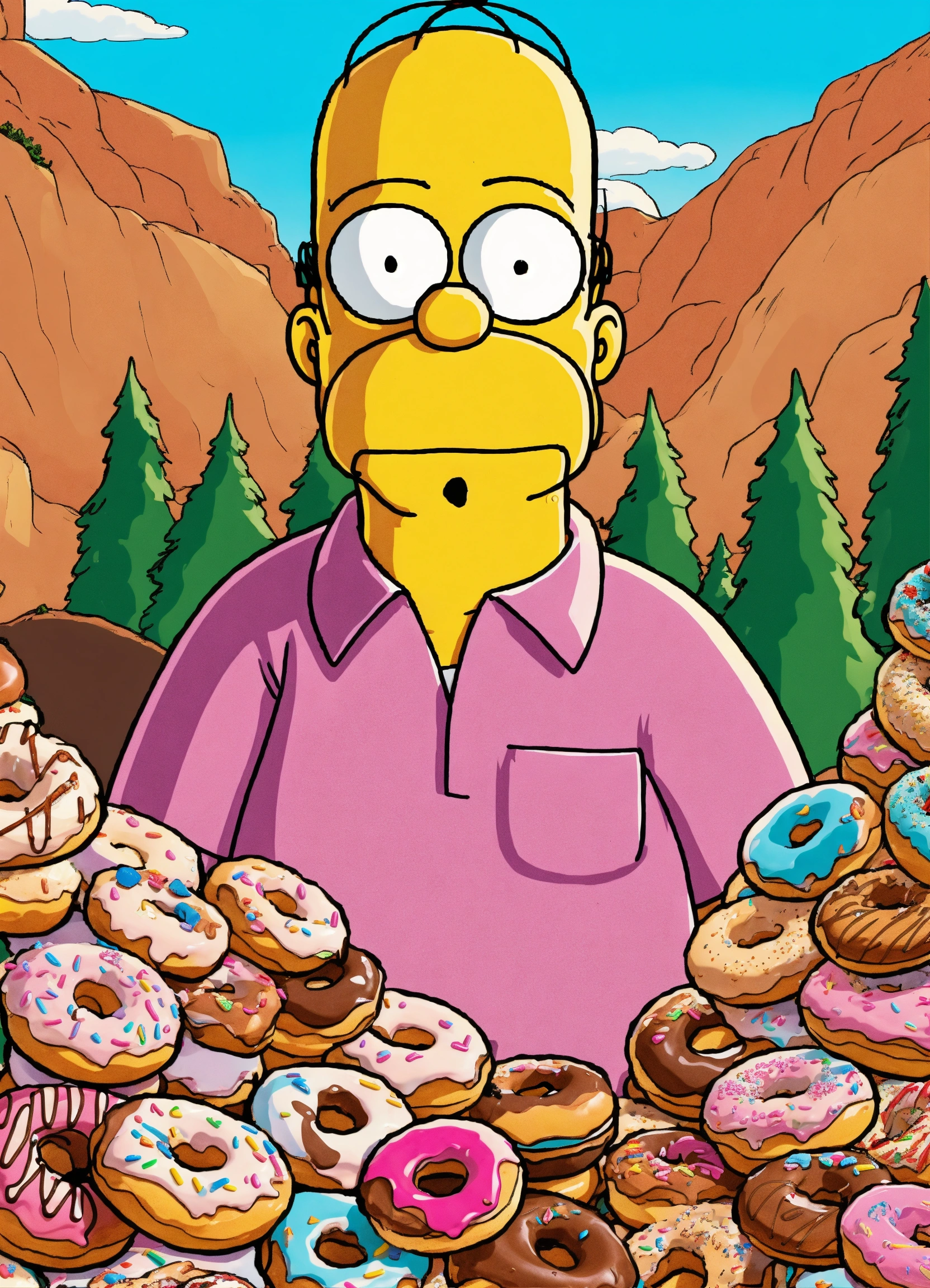 Lexica - Homer Simpson is holding up a mountain of donuts in one hand.