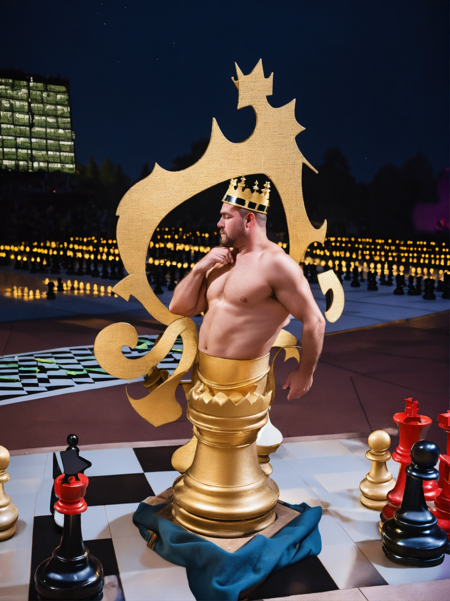 Lexica - Carl Magnusson dressed as a chess king stands on a chess ...