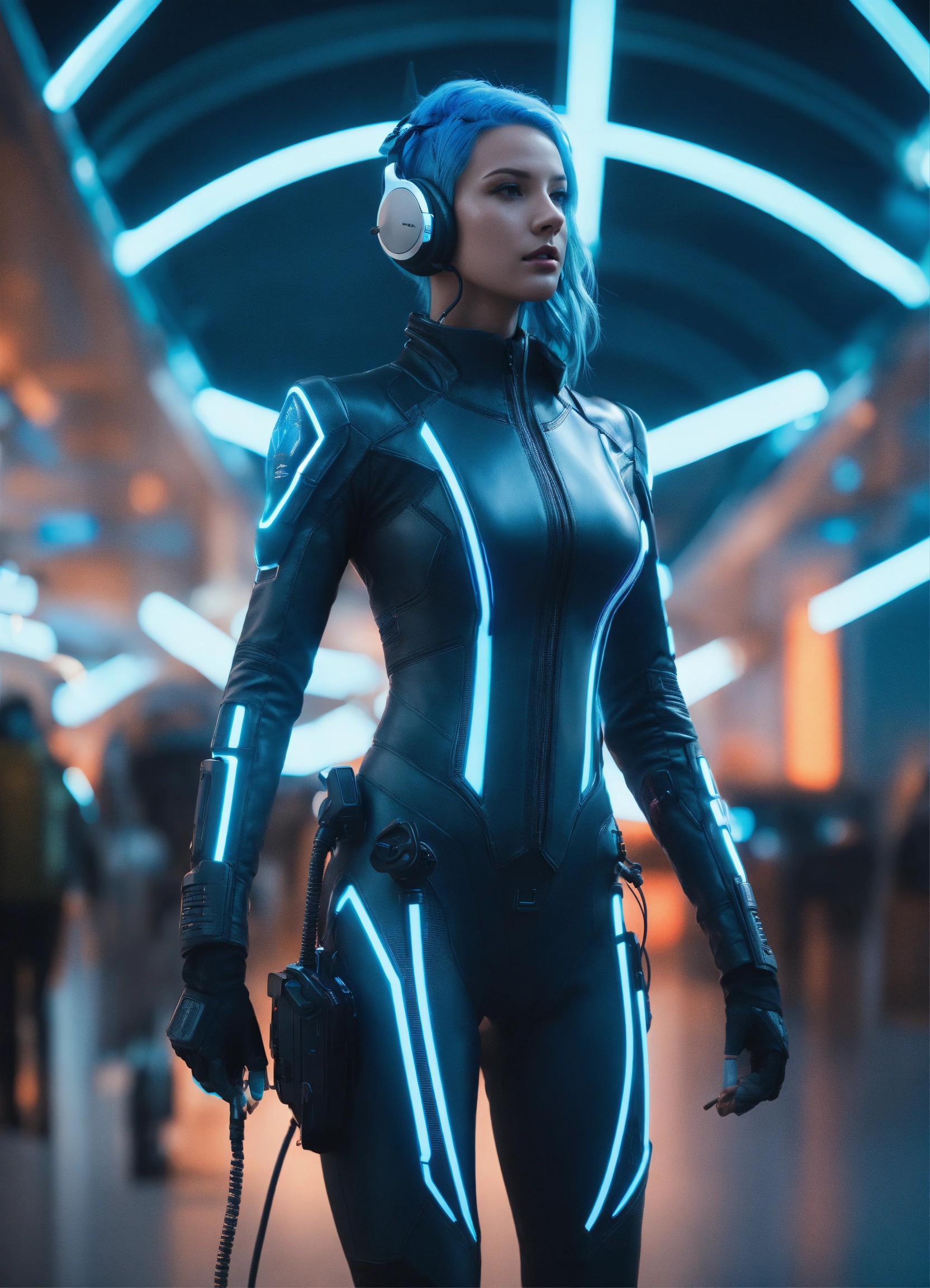 Lexica - Wide shot of a female super spy with blue hair is wearing a ...