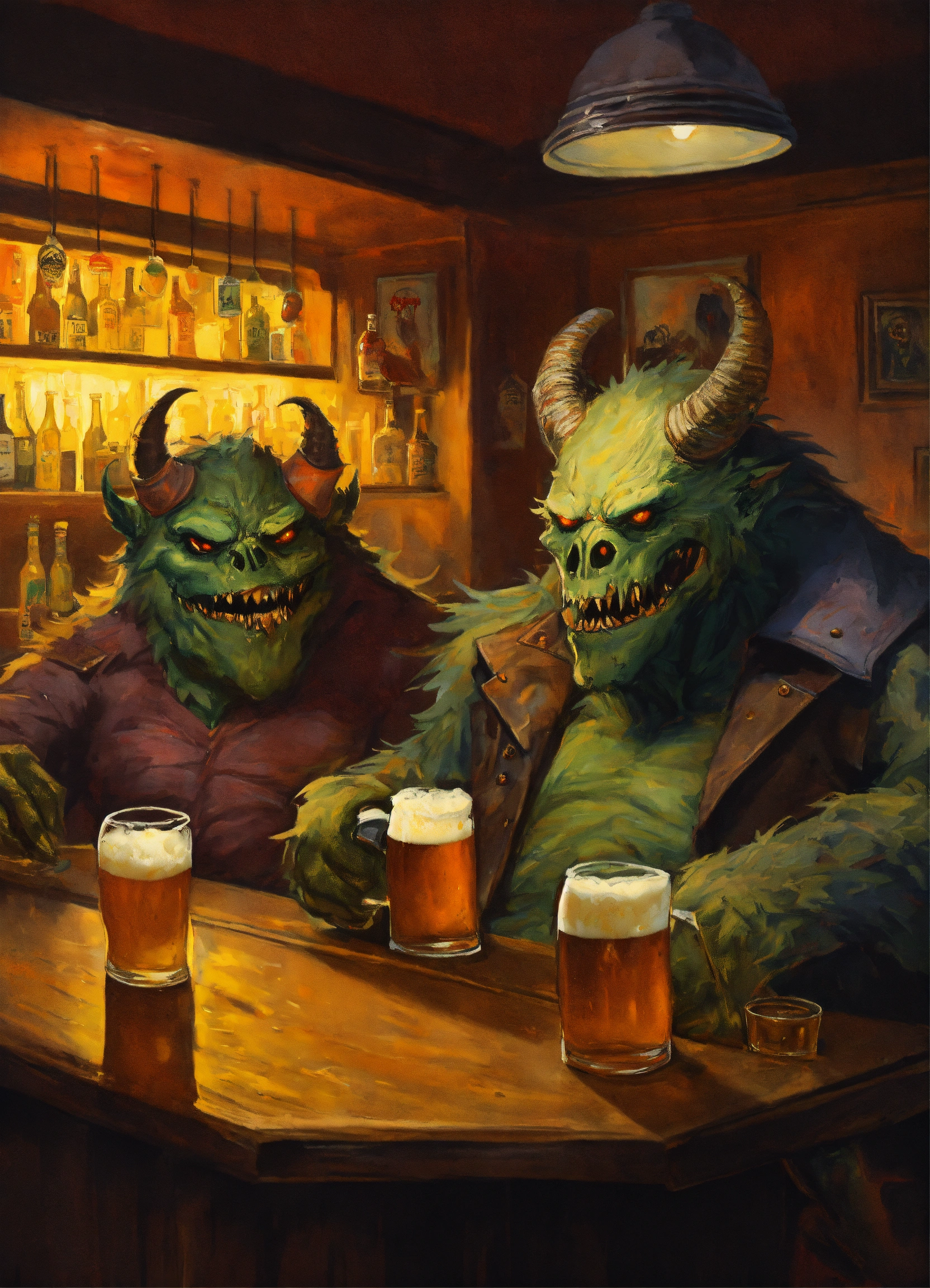 Lexica - Painting of monsters drinking beer at a bar. Greg Rutkowski ...