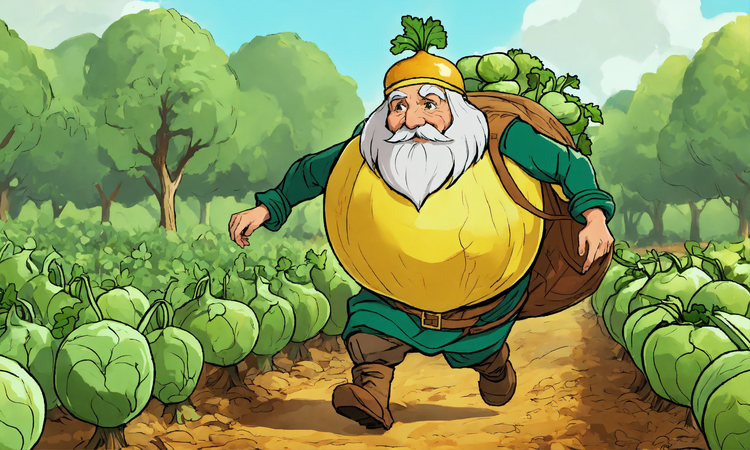 Lexica - Cartoon style giant yellow turnip with huge green leaves is in ...