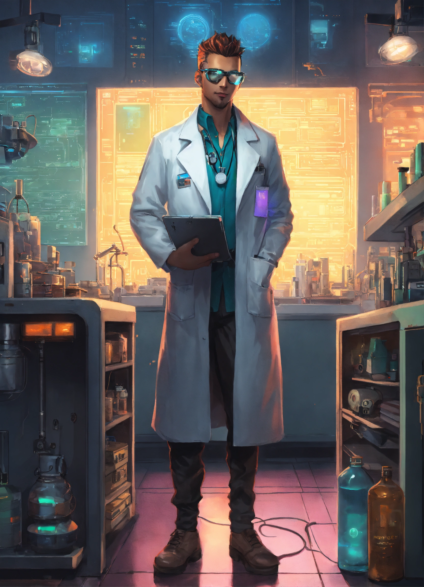 Lexica - Male sneaky college aged cyberpunk lab assistant in a lab coat