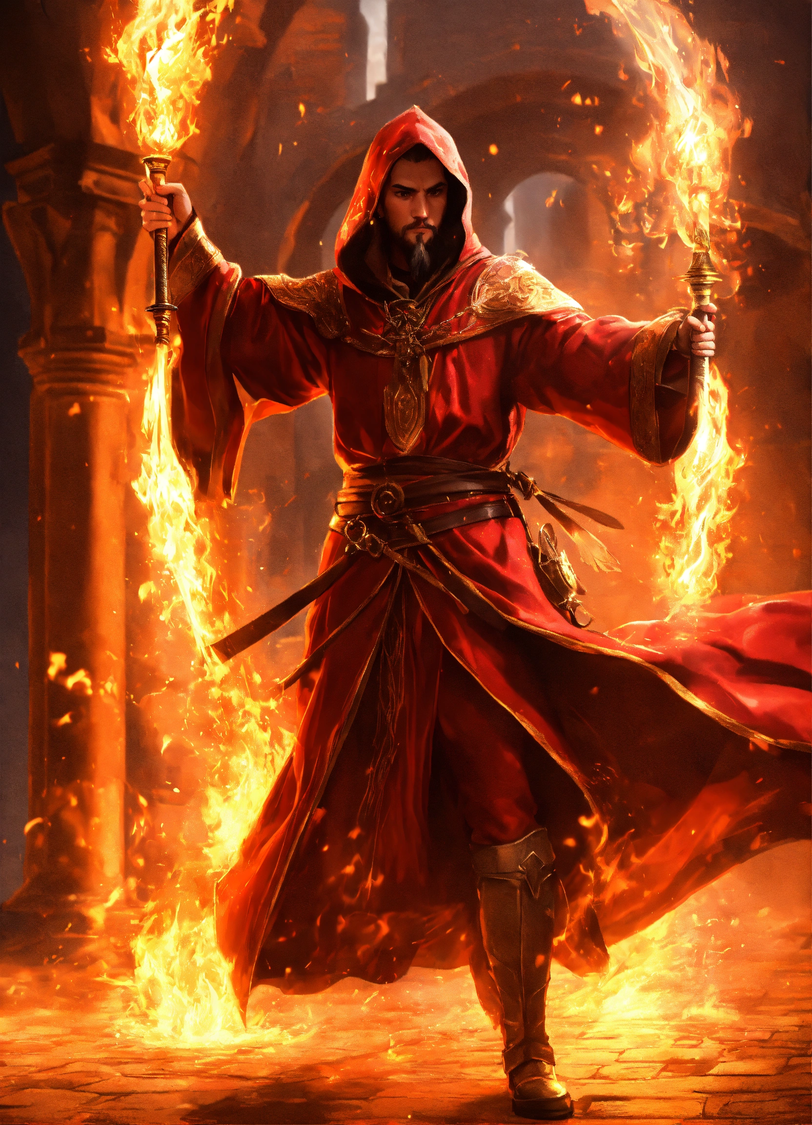 Lexica - Red robes sorcerer casting fire magic in an arc, flame ...