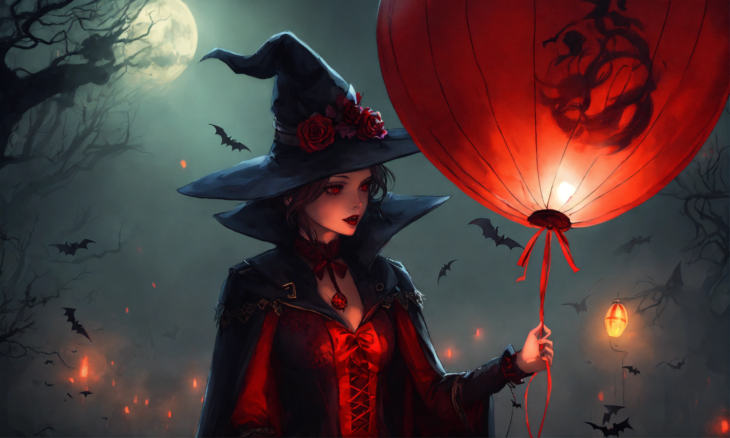 Lexica - A female vampire holding a red luminous balloon, Halloween ...