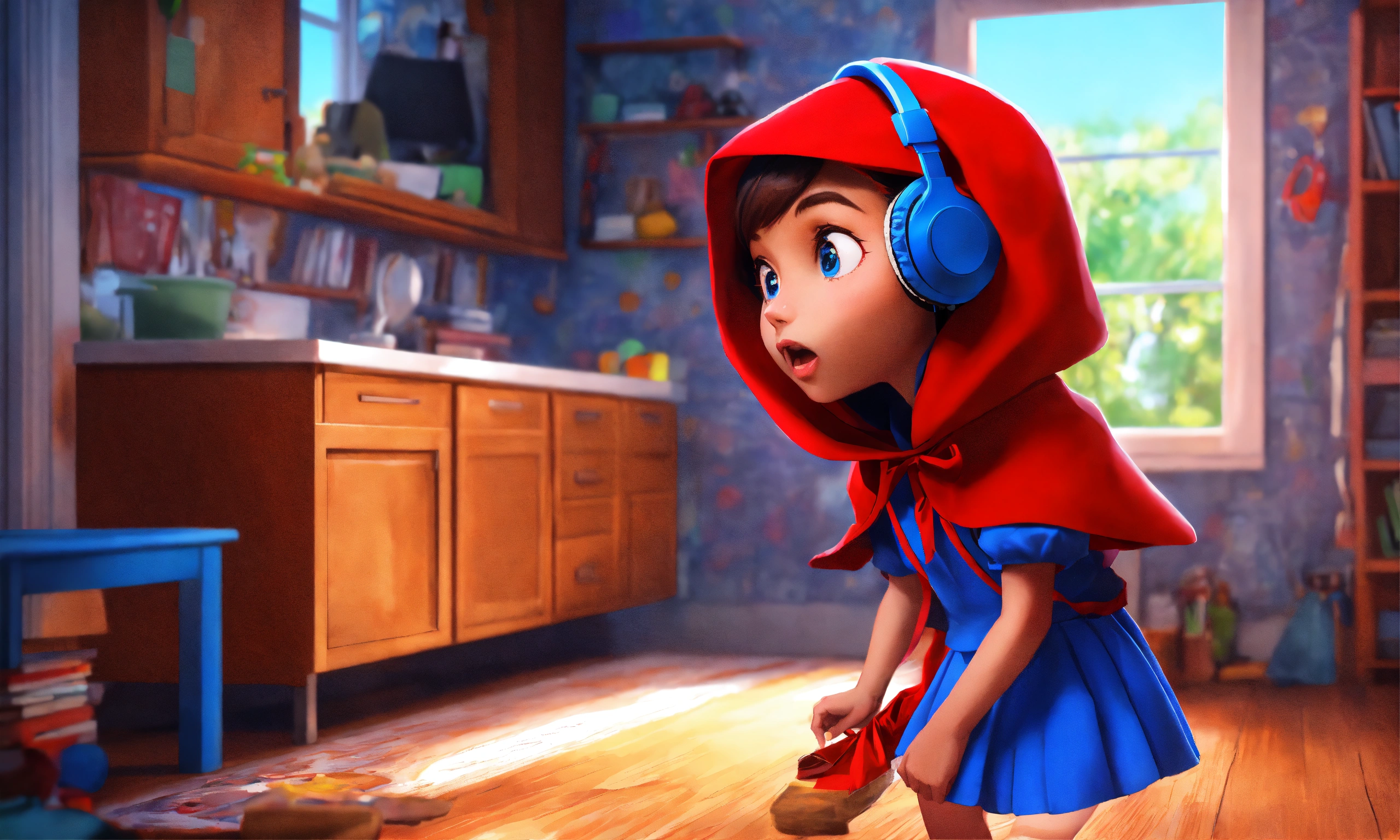 Lexica - Cartoons scared modern Red Riding Hood, wearing short blue ...