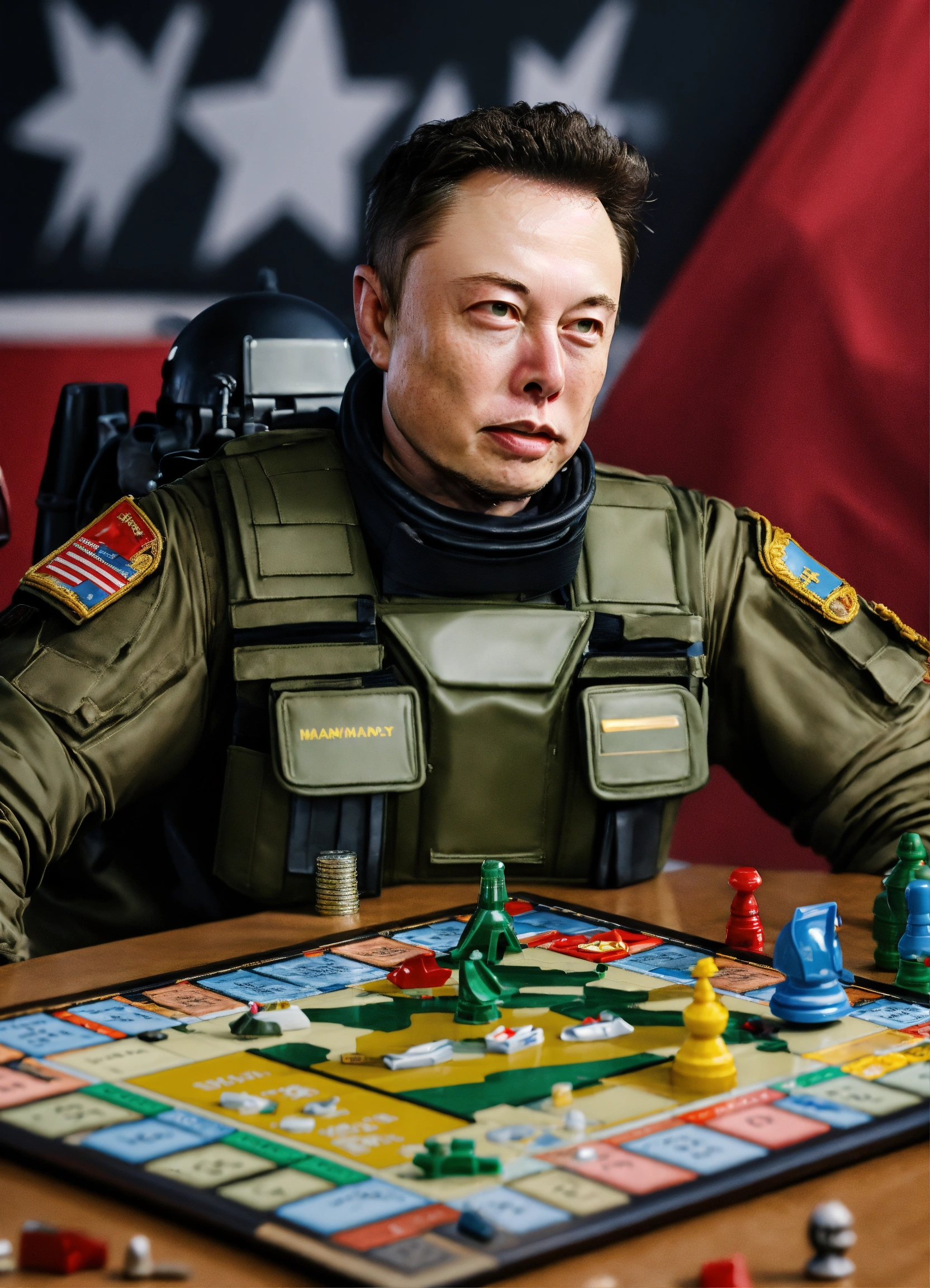 Lexica - Photo realism elon musk with bullet proof vest on and military ...