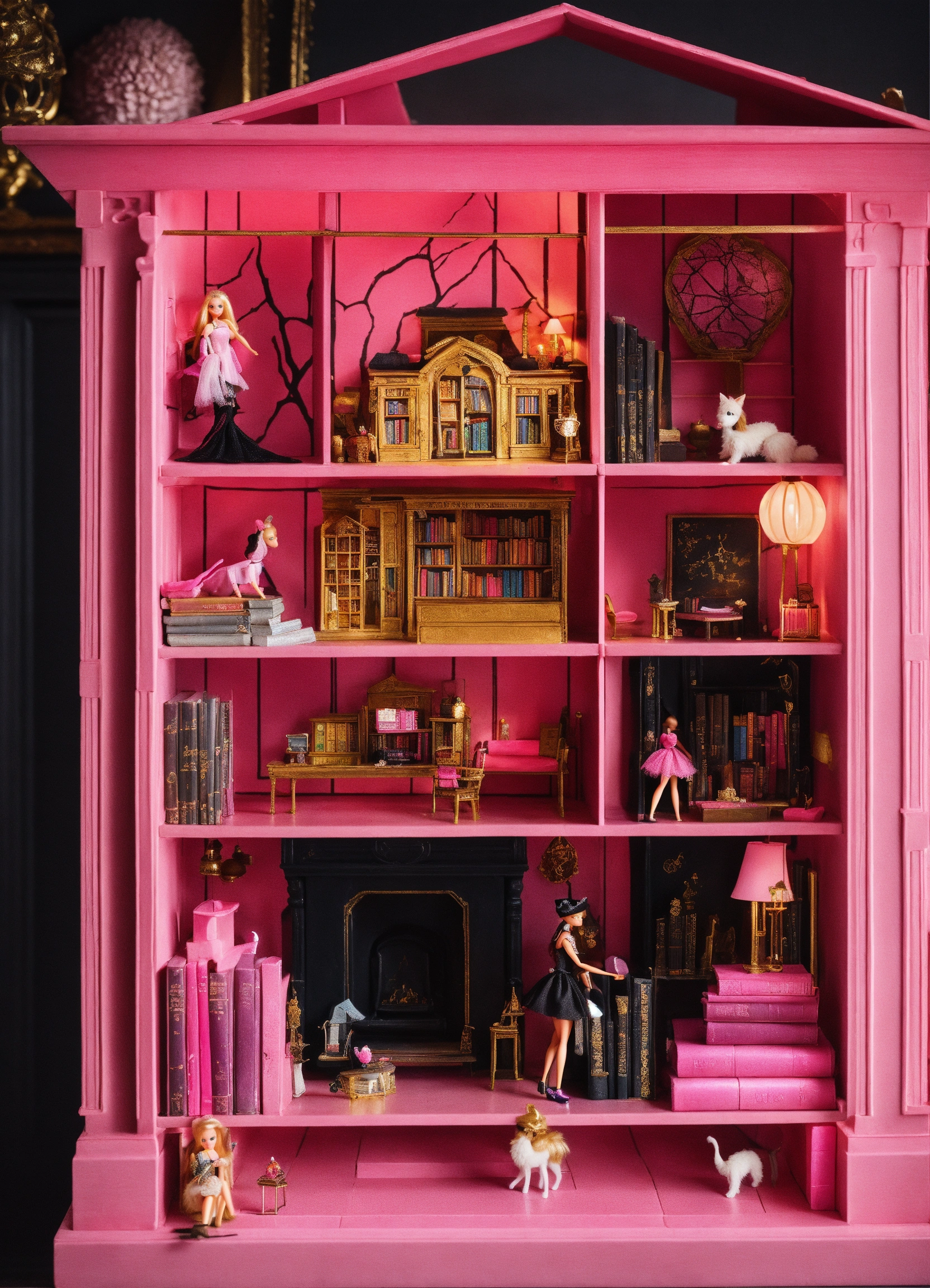 Lexica - Barbie dolls witch house with a pink library with a spell book ...