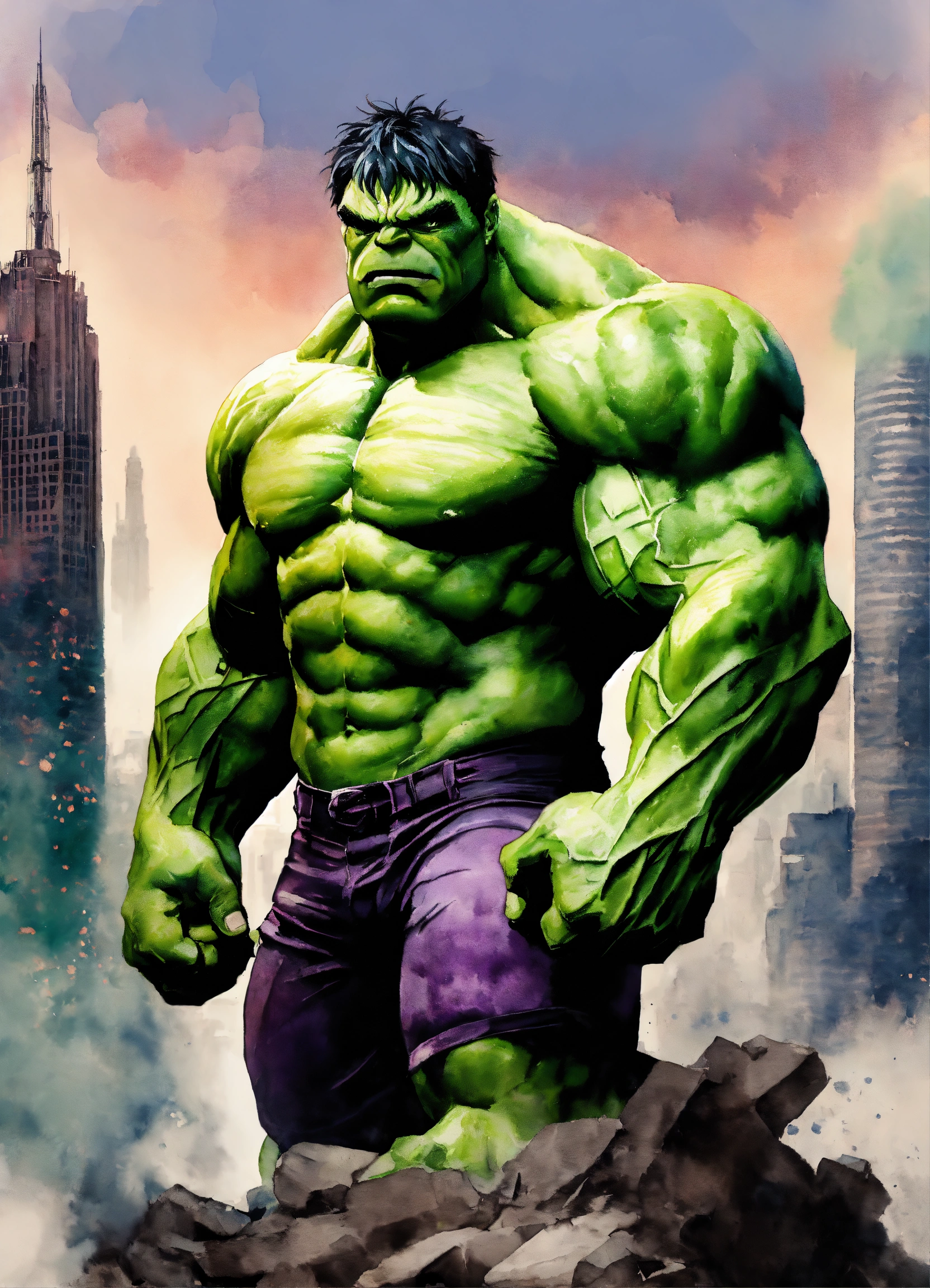 Lexica - A realistic hulk with on tower with watercolor theme