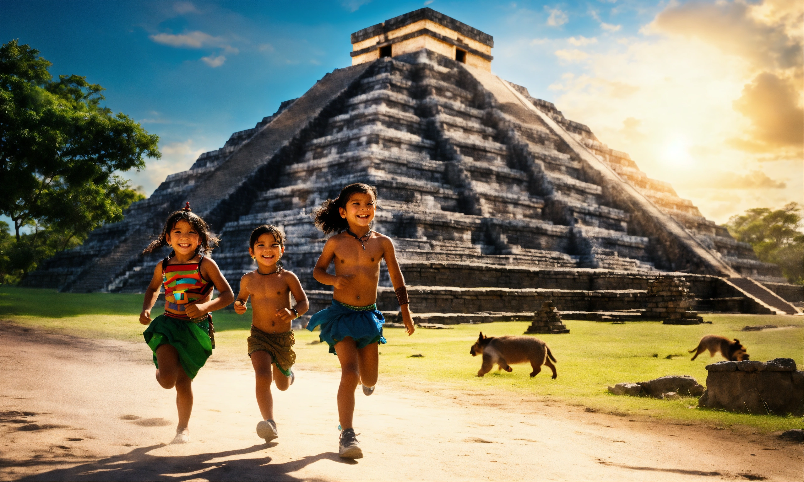 Lexica - Mayan children running happily, smiling, behind them you can ...