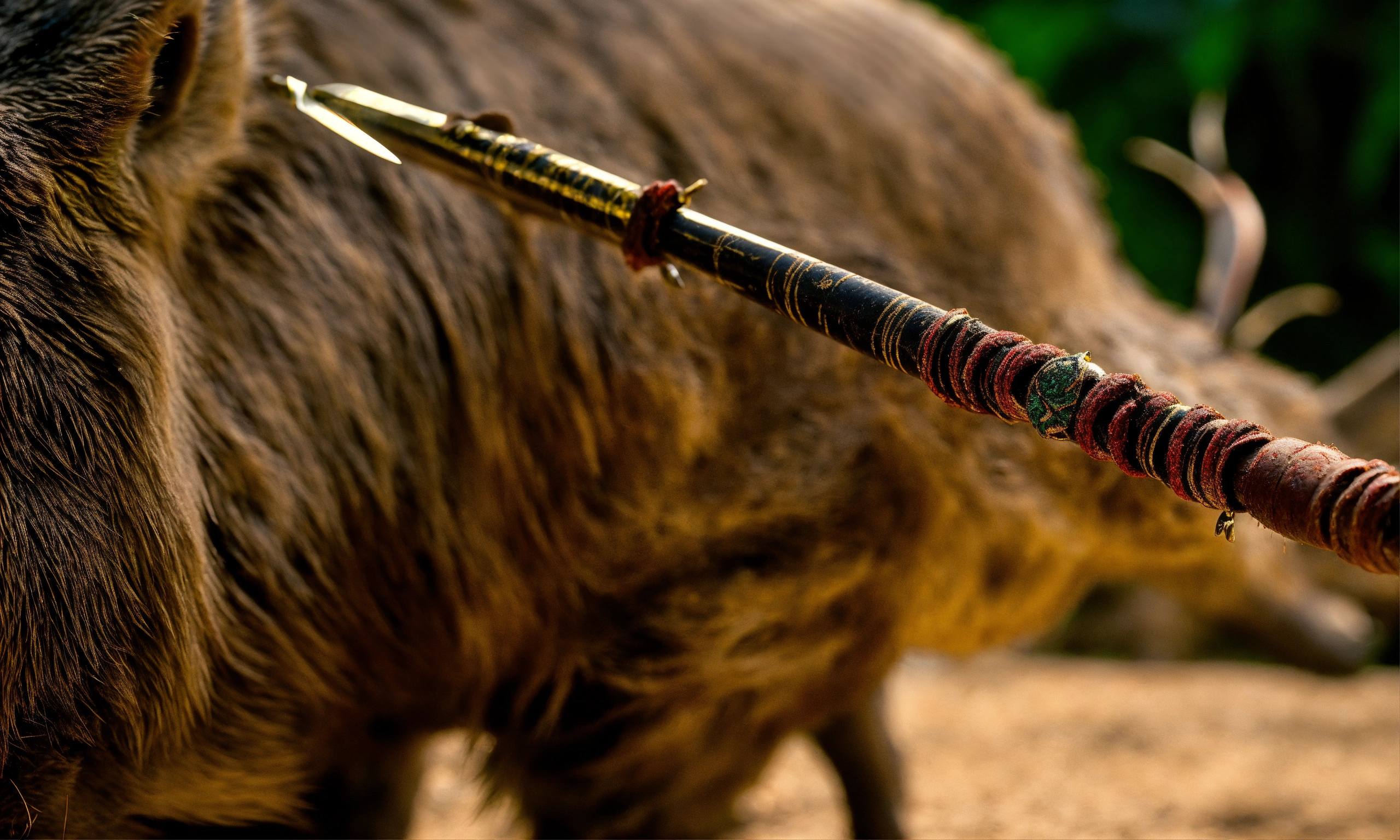 Lexica - Close up of a Mayan spear piercing the skin of a wild boar