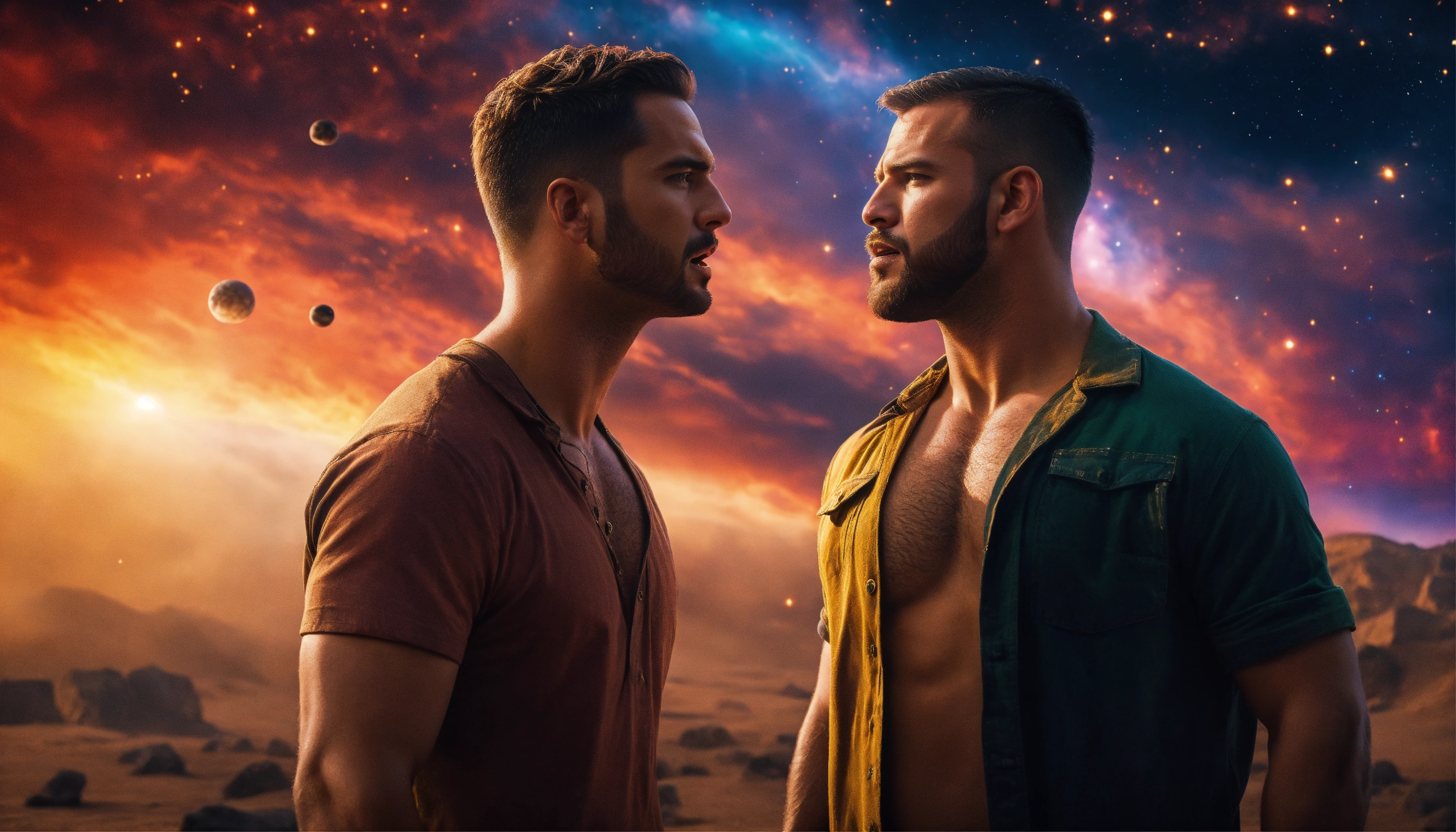Lexica - Two men facing each other, one yelling, crew cut, no beard ...