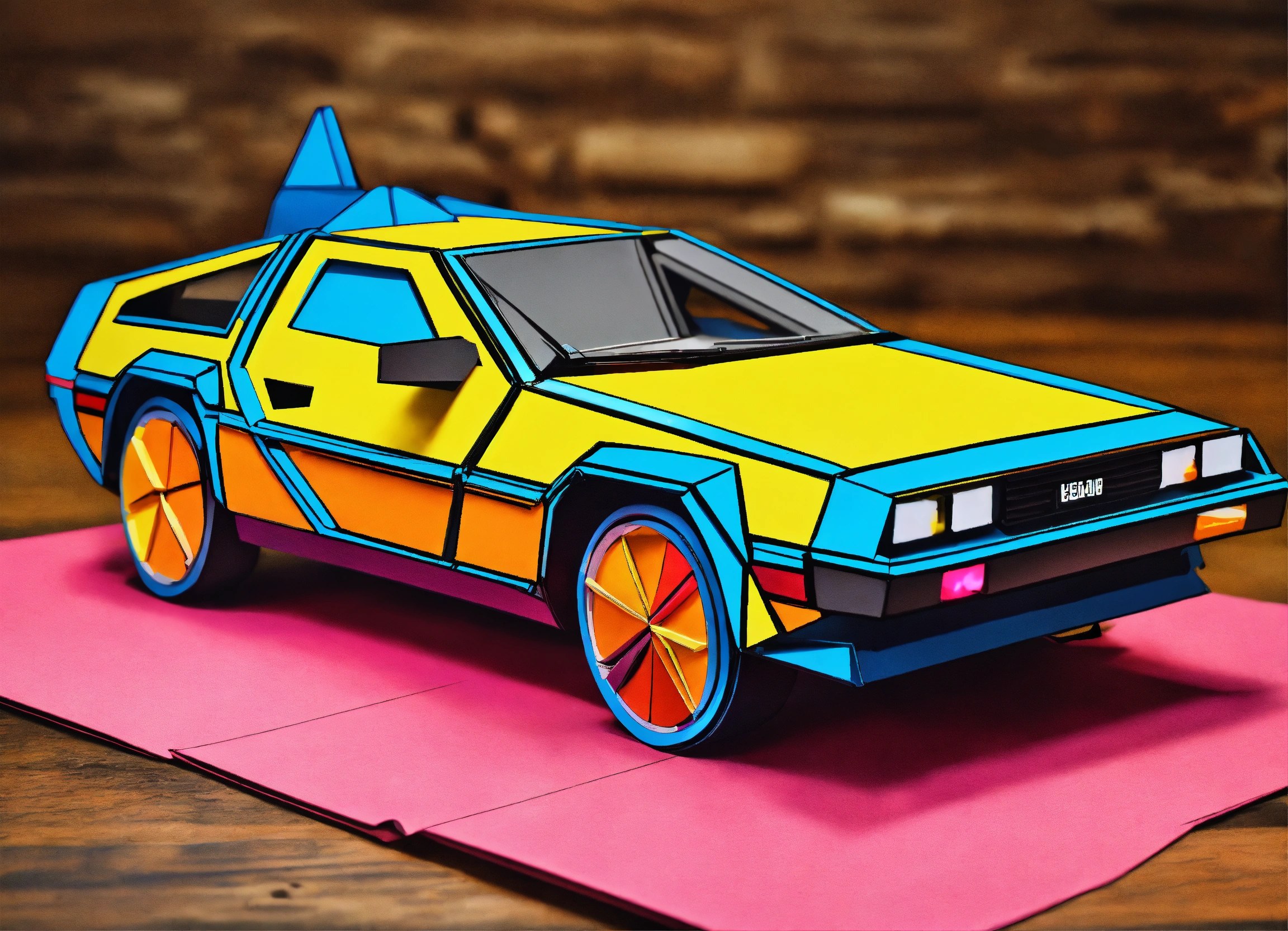 Lexica - Half-built DeLorean 2D with colourful paper and woord origami ...