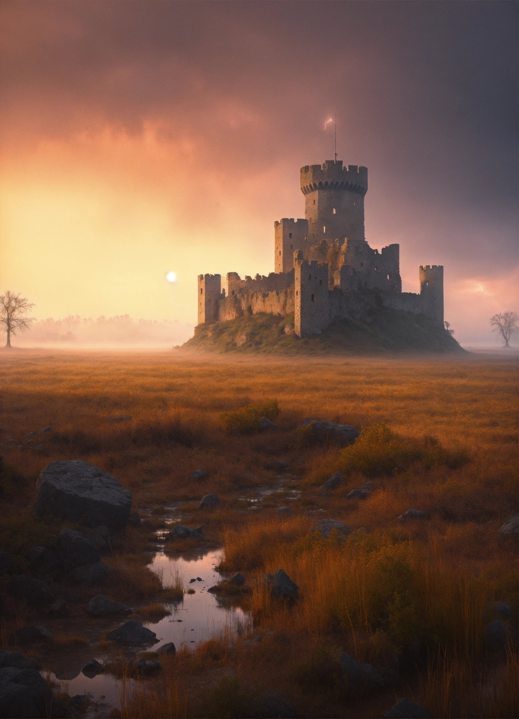 Lexica - Ruin of a stone castle in the middle of a foggy barren swamp ...