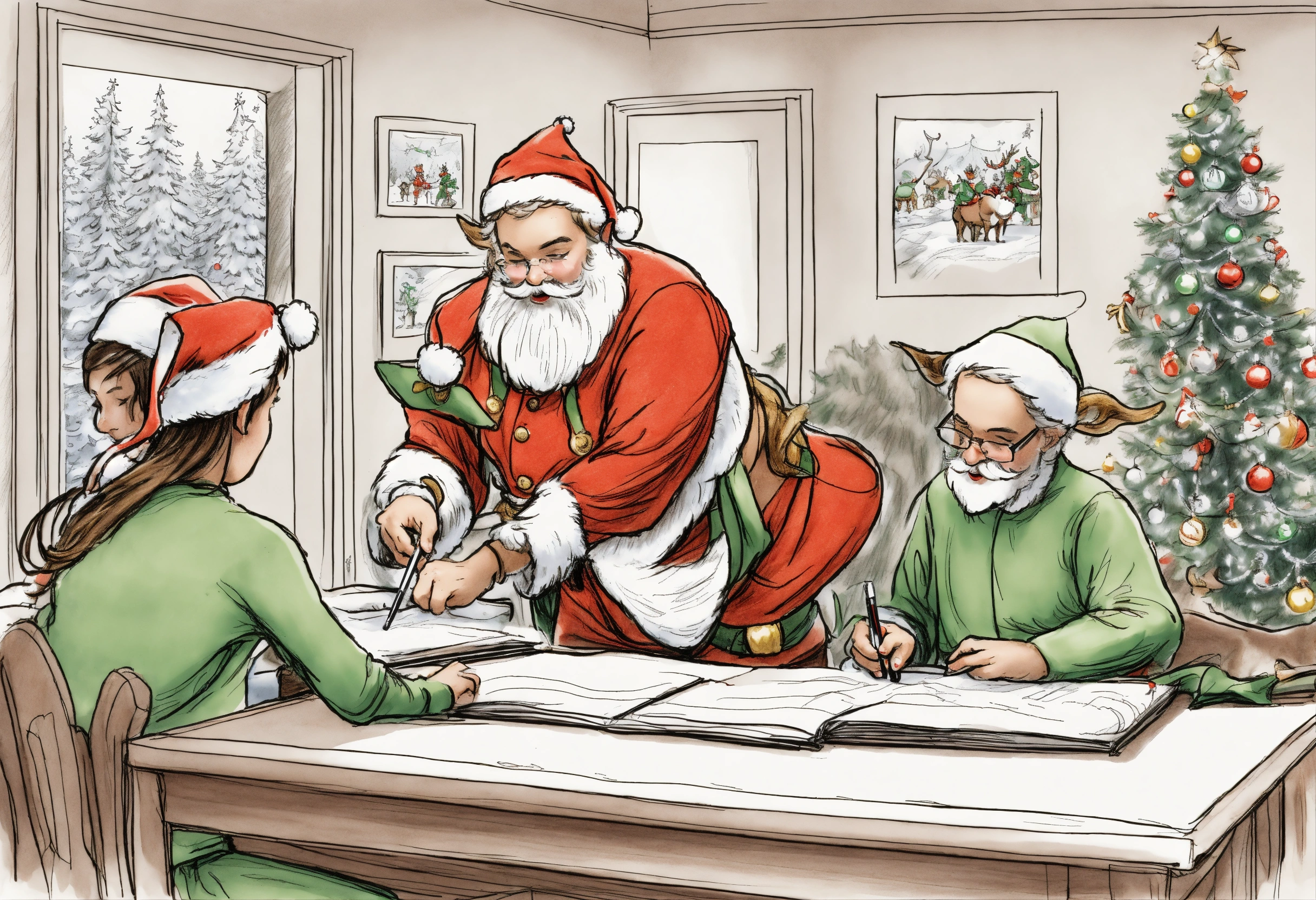 Lexica - Elves helping Santa, Organized, Teamwork, reindeer, drawing