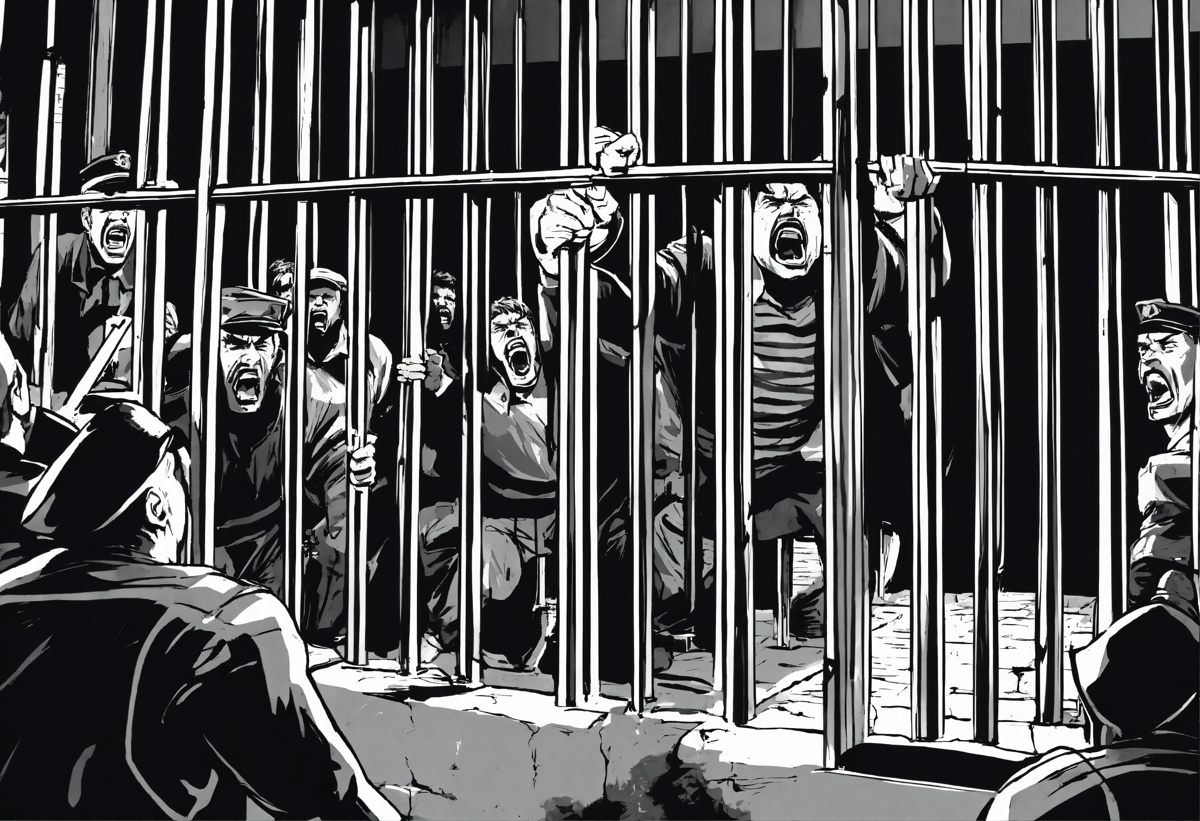 Lexica - A black and white illustration angry prisoners attempting to ...