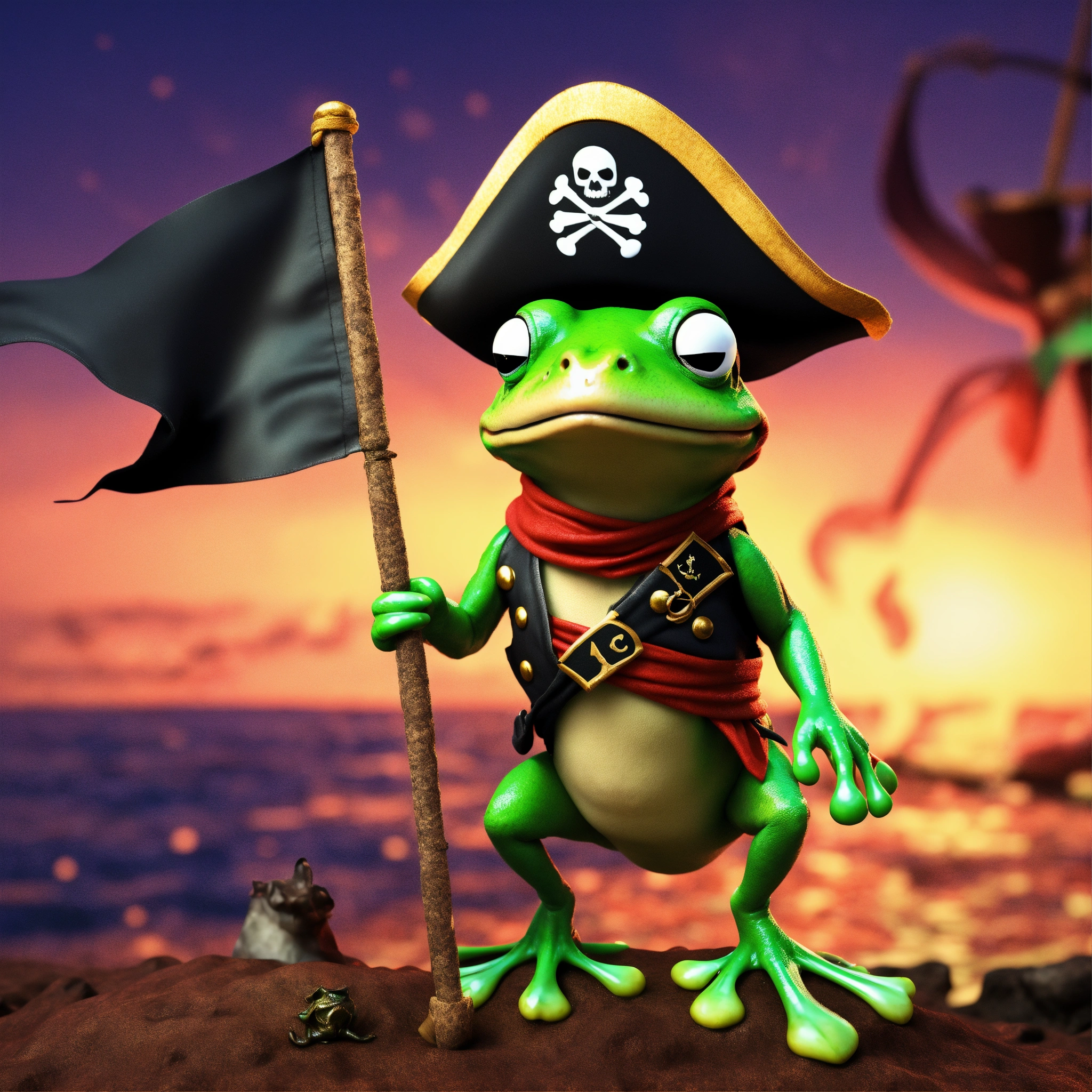 Lexica - Pirate frog, wearing a pirate hat, holding a pirate flag ...