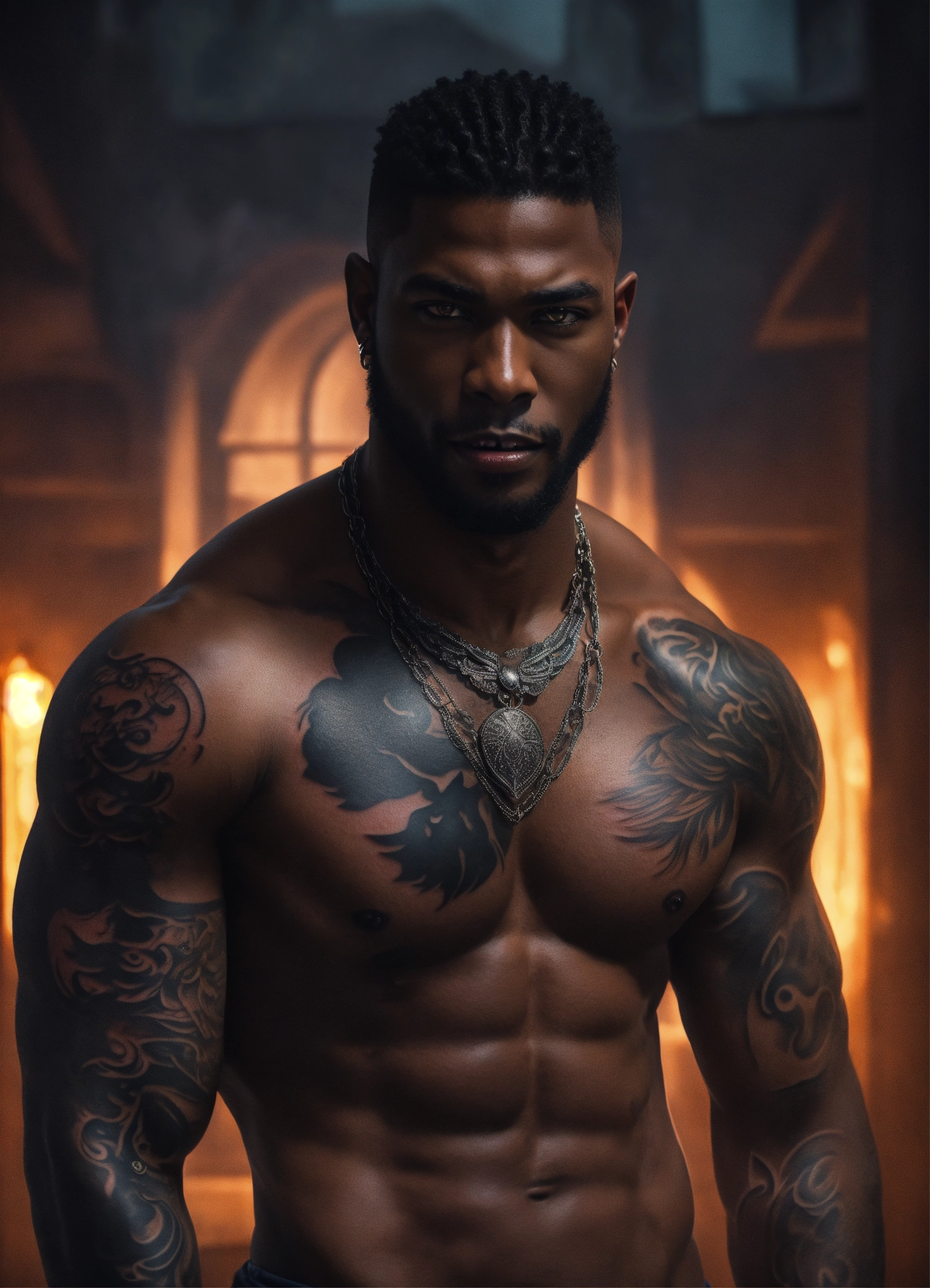 Lexica - Handsome black man, black wolf, glowing eyes, fangs, pointy ...