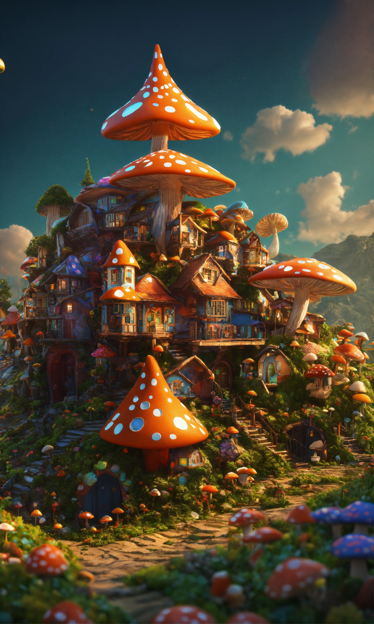 Lexica - An intricate village made of psychedelic mushrooms, art by ...