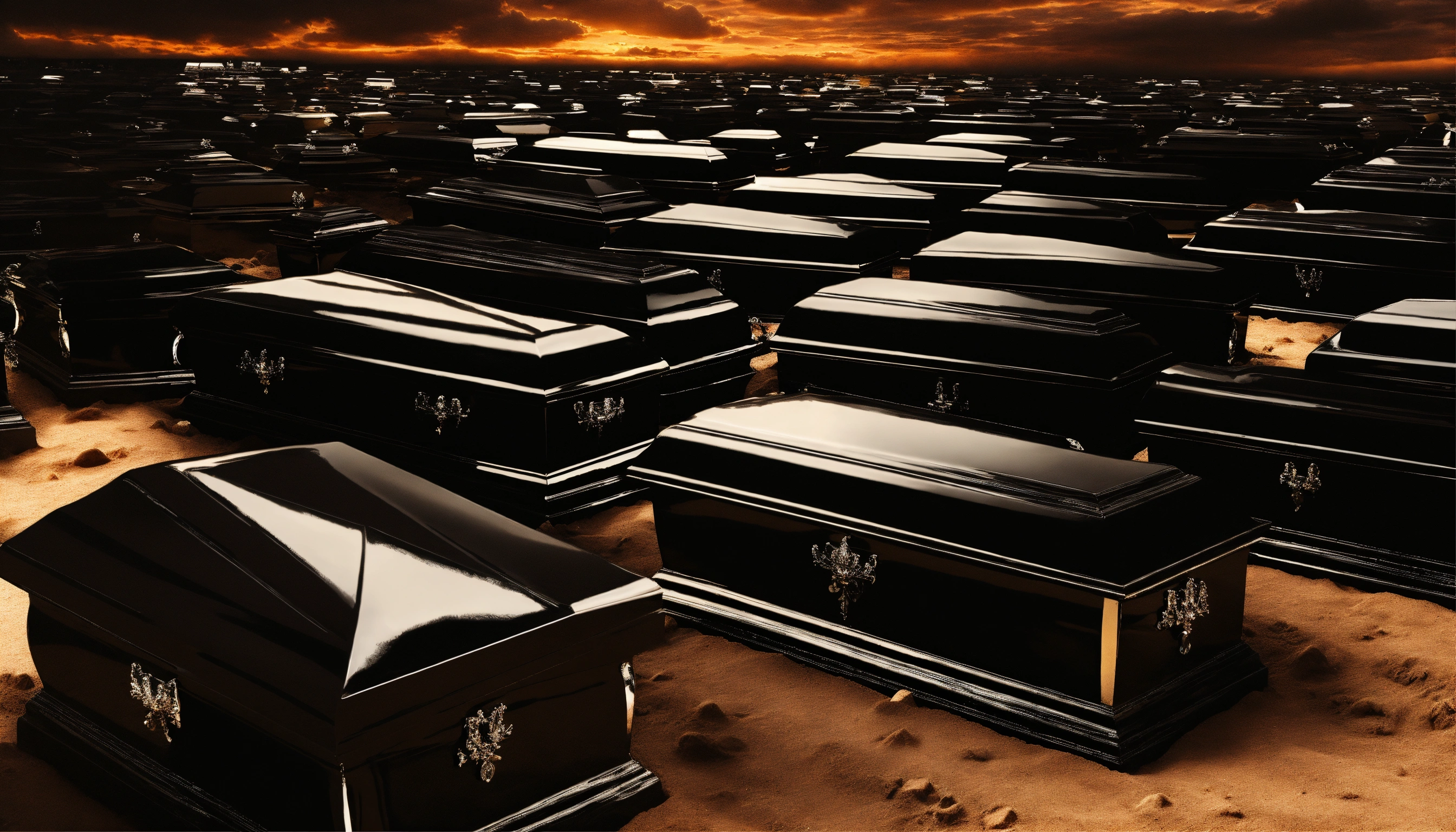Lexica - Many black coffins with silvern ornaments lying in the dirt digital art