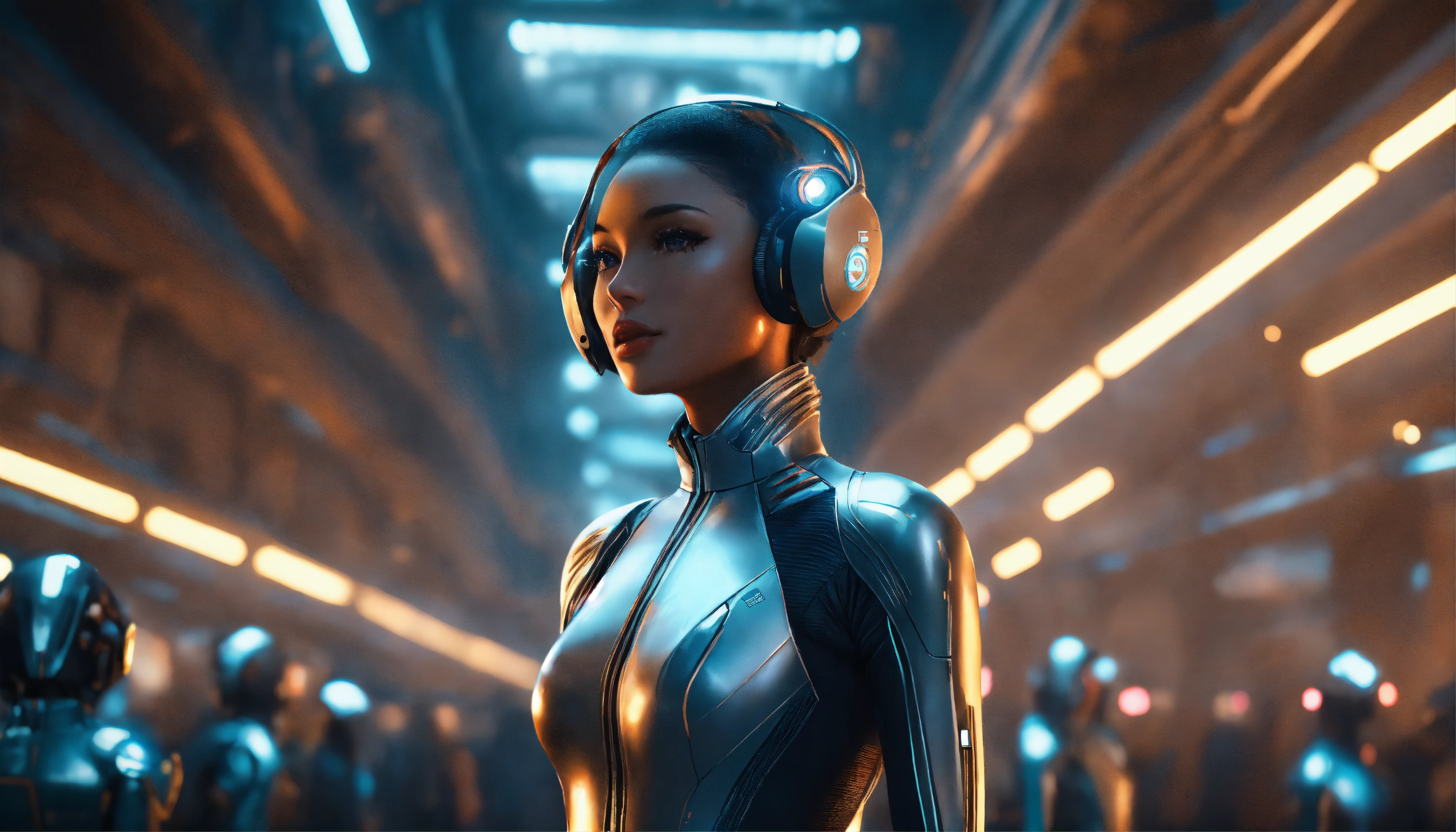 Lexica - Wide shot of a female super spy wearing a tight futuristic spy ...