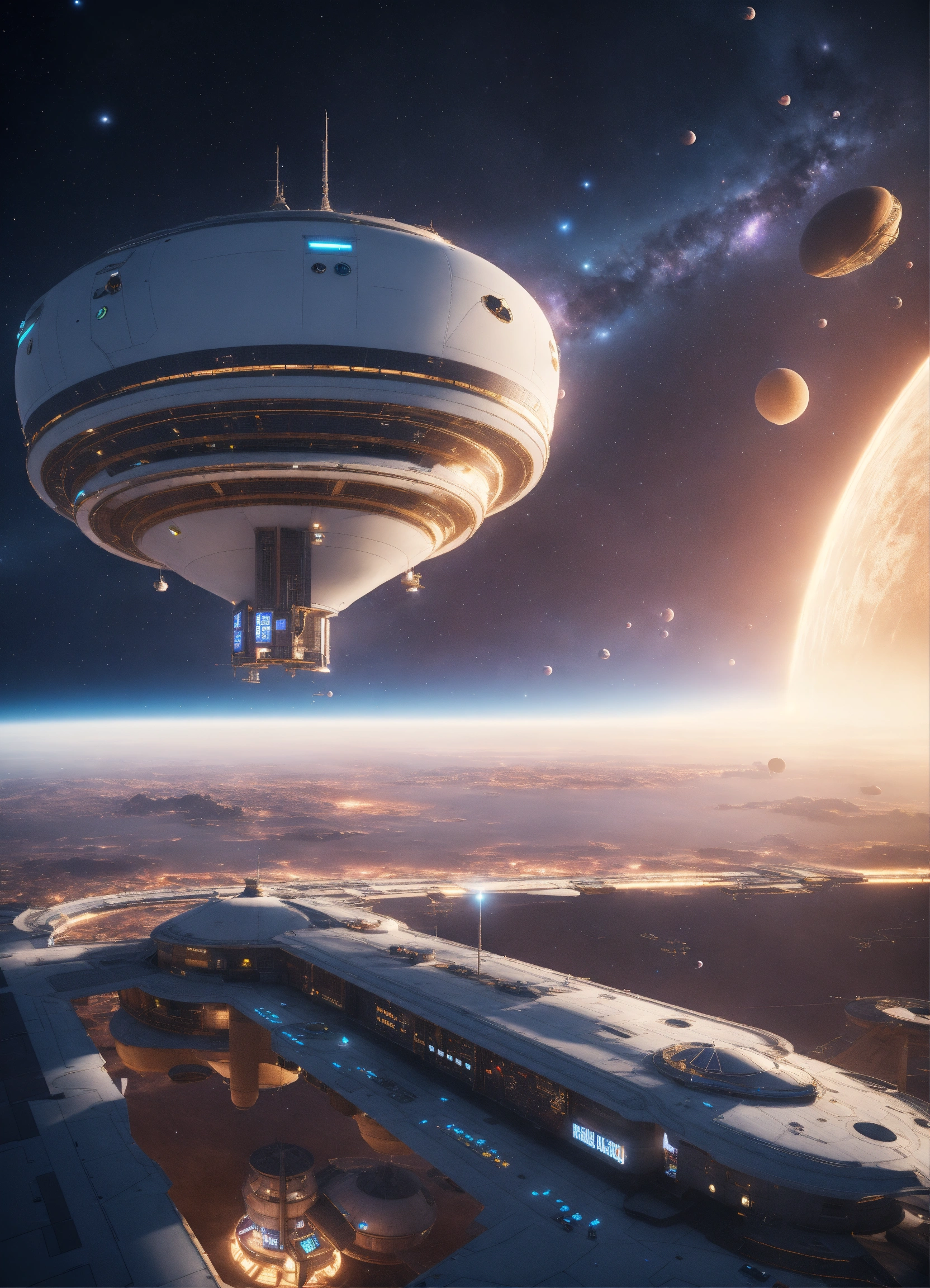 Lexica - Beautiful white spaceport flying floating in deep space ...