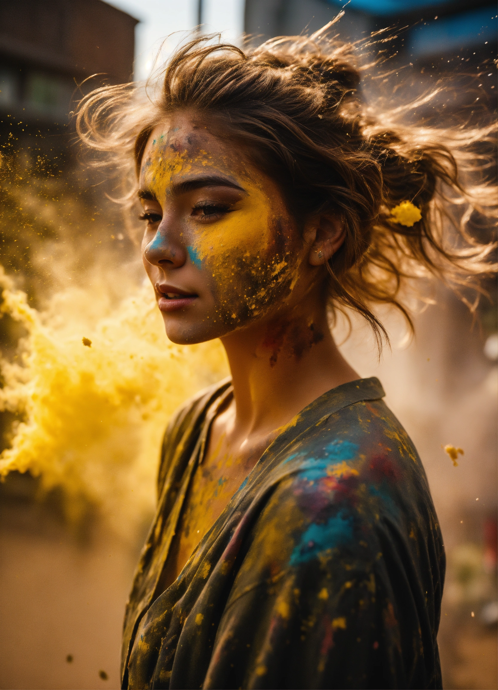 Lexica - Realistic photo of a girl's face, her hair is in the air, she ...