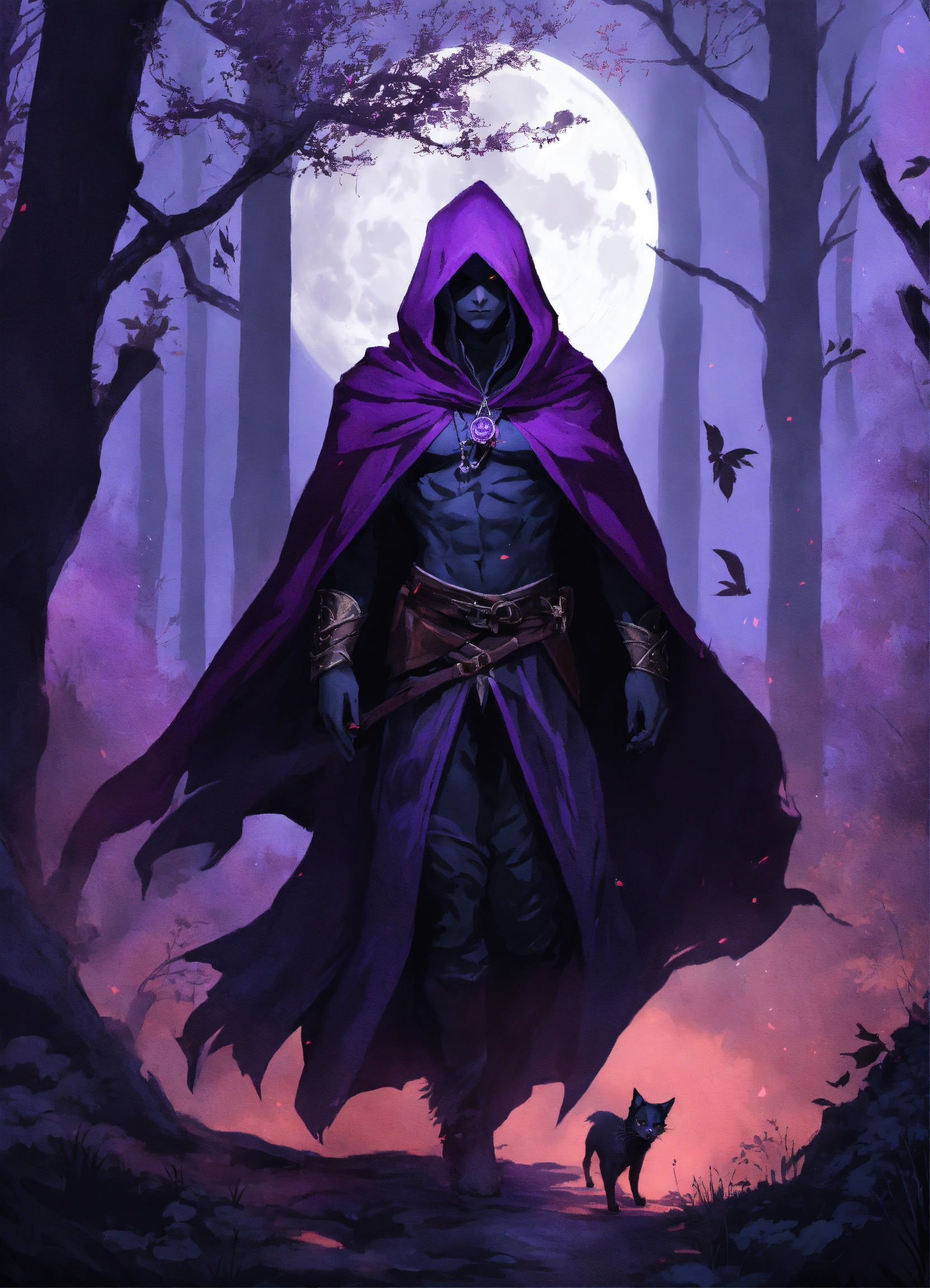 Lexica - Shadow dark drow, with dark purple cloak under a full moon in ...
