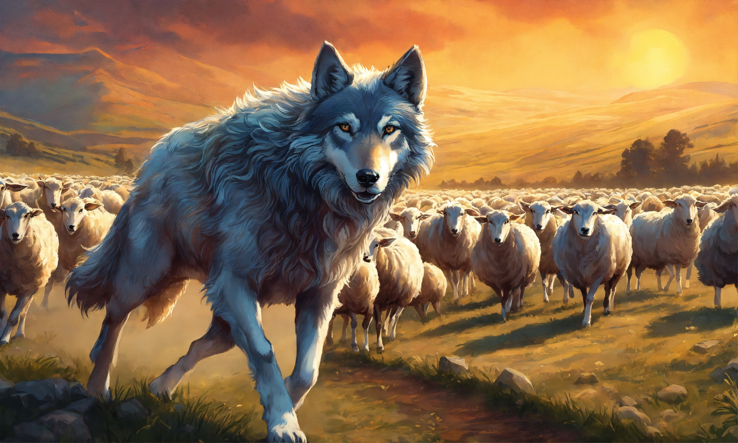 Lexica - Very high detailed 2d illustration of wolf chasing sheep's