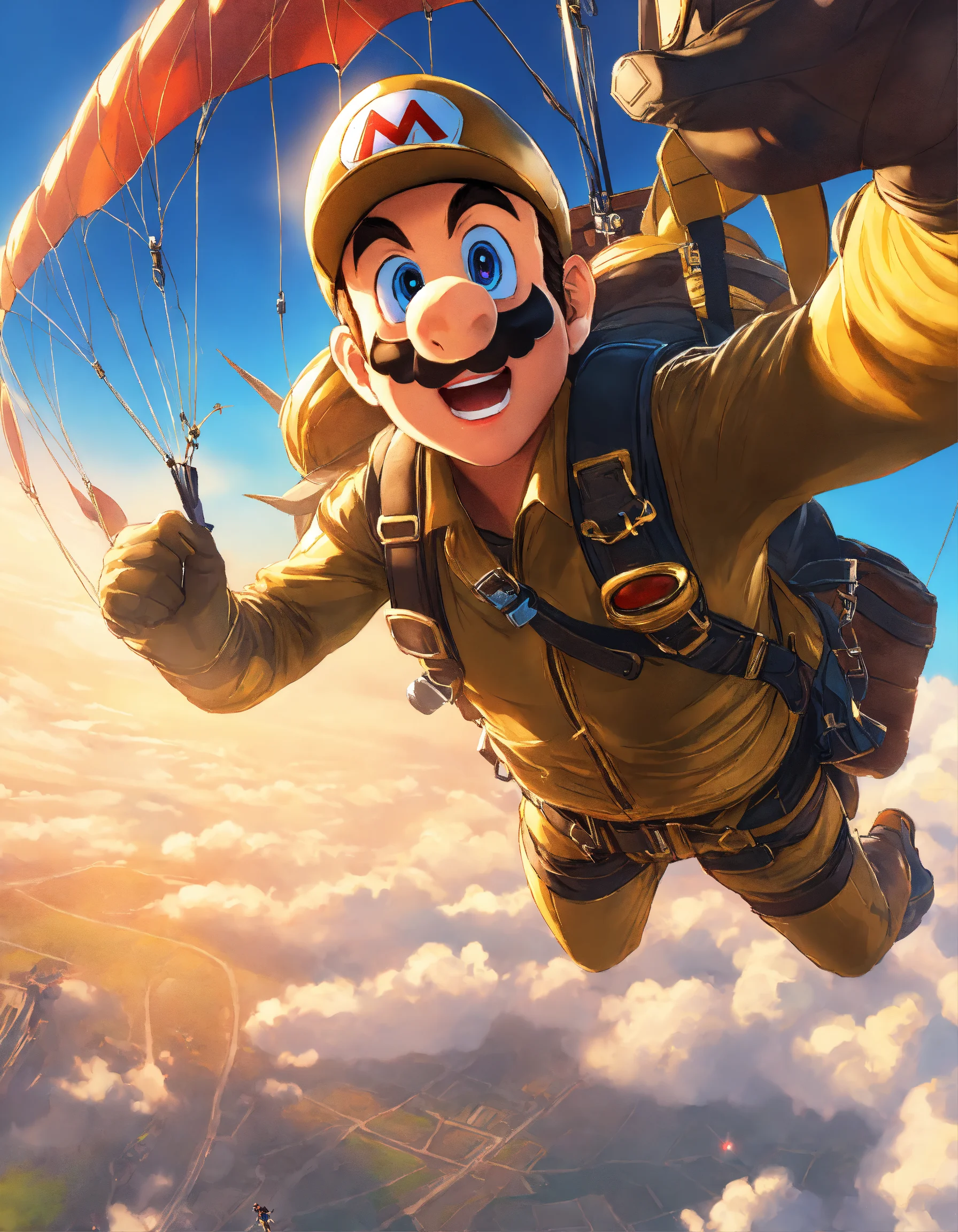 Lexica - Selfie of mario skydiving with a paraglider, in a black and ...