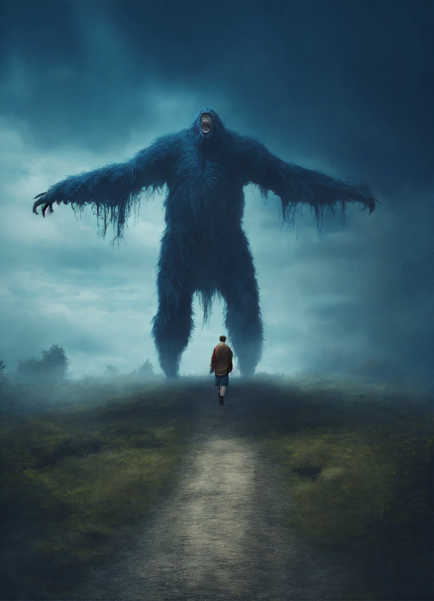 Lexica - Scared giant, blue background, realism photo, mystery atmosphere