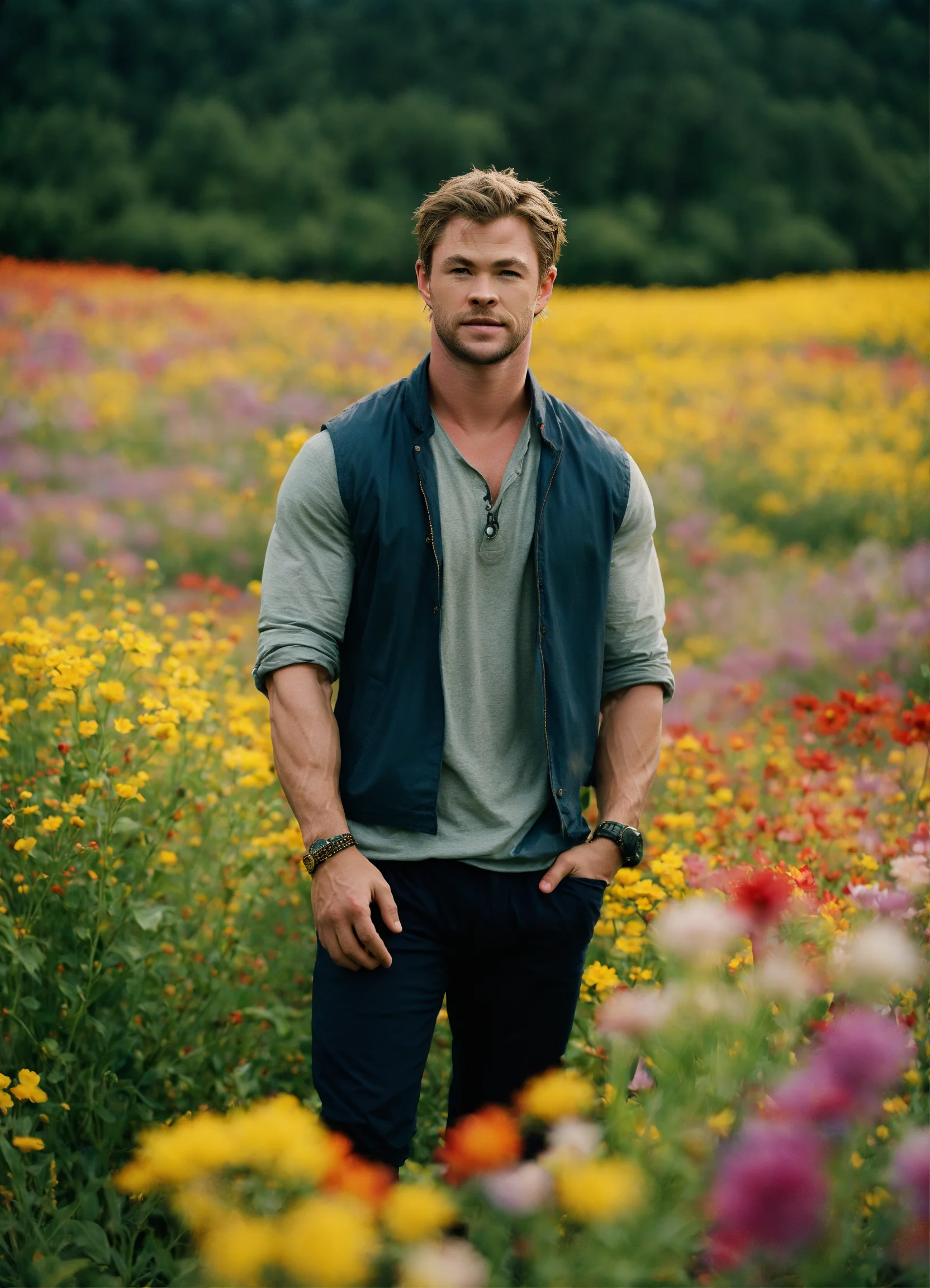 Lexica - Happy Chris Hemsworth standing in a beautiful field of flowers ...