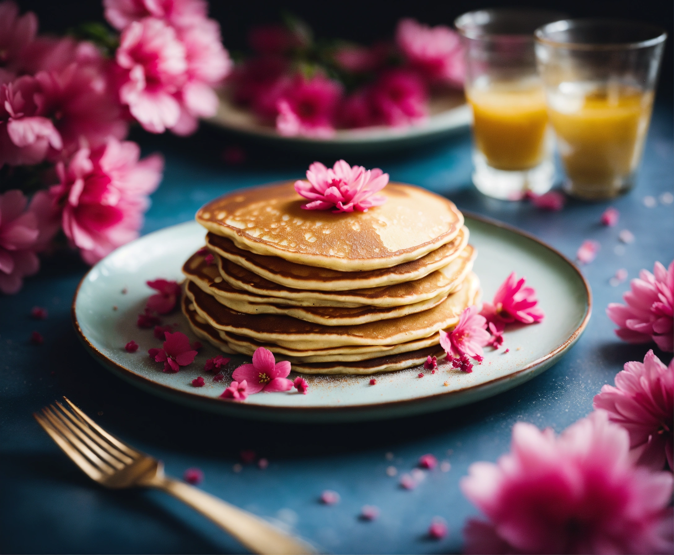 Lexica - Looking down plate of pancake, pink flowers everywhere ...