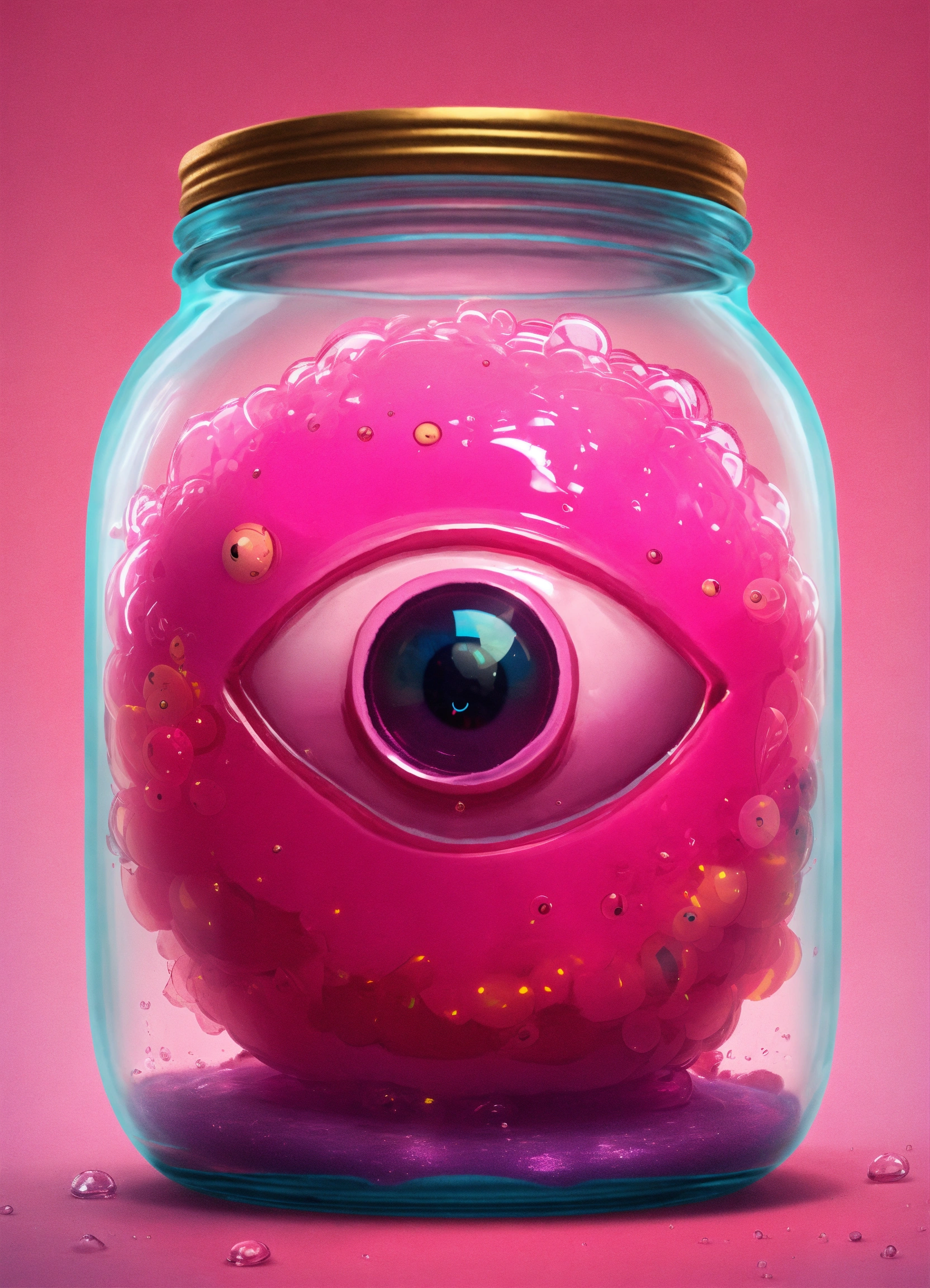 Lexica - A kawaii hot pink blob cyclops in a jar. It has one eyeball only.