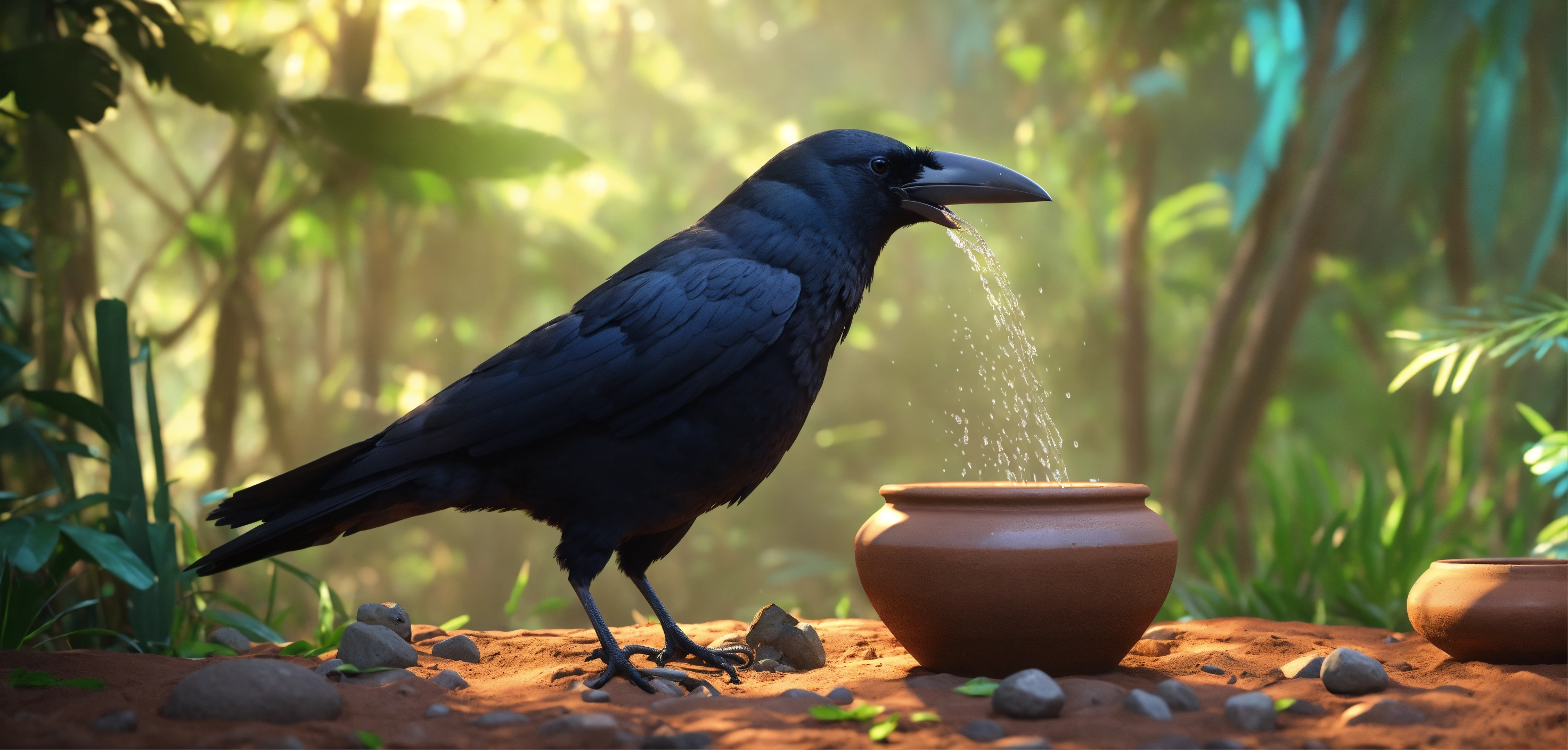 Lexica - 3d animation style crow putting stone in big clay pot fill ...