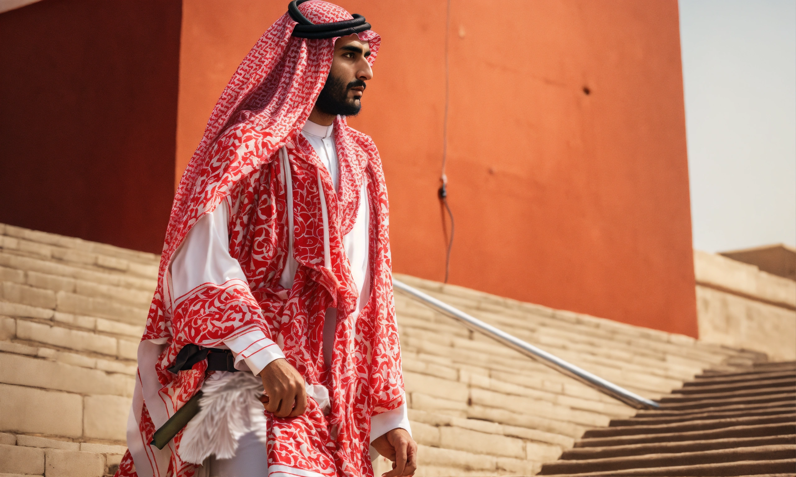 Lexica - Saudi man climbing up steps, looking right, side-way, climbing ...