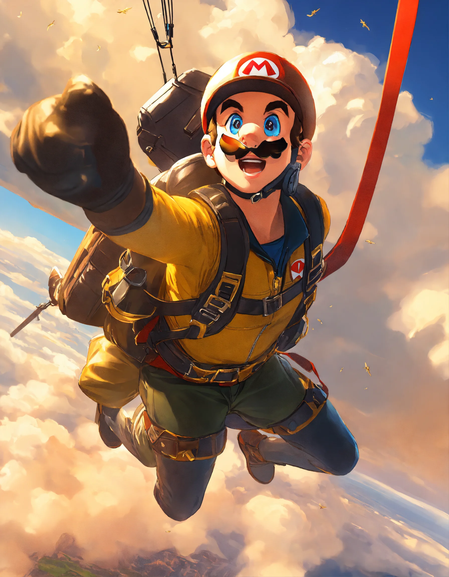 Lexica - Selfie of mario skydiving with a paraglider, in a black and ...