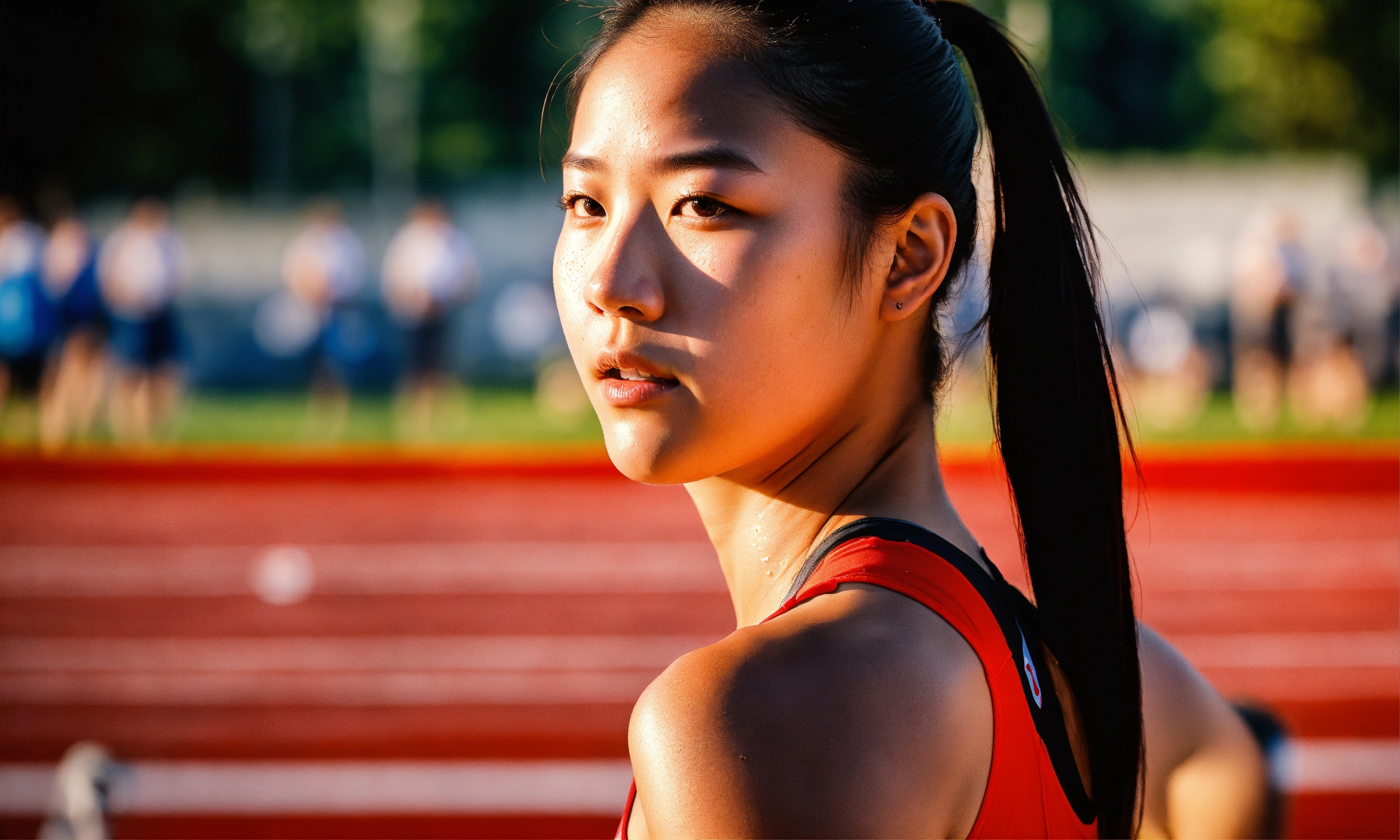 Lexica - Mid-day at a track field. Close-up shot of an 18-year-old ...