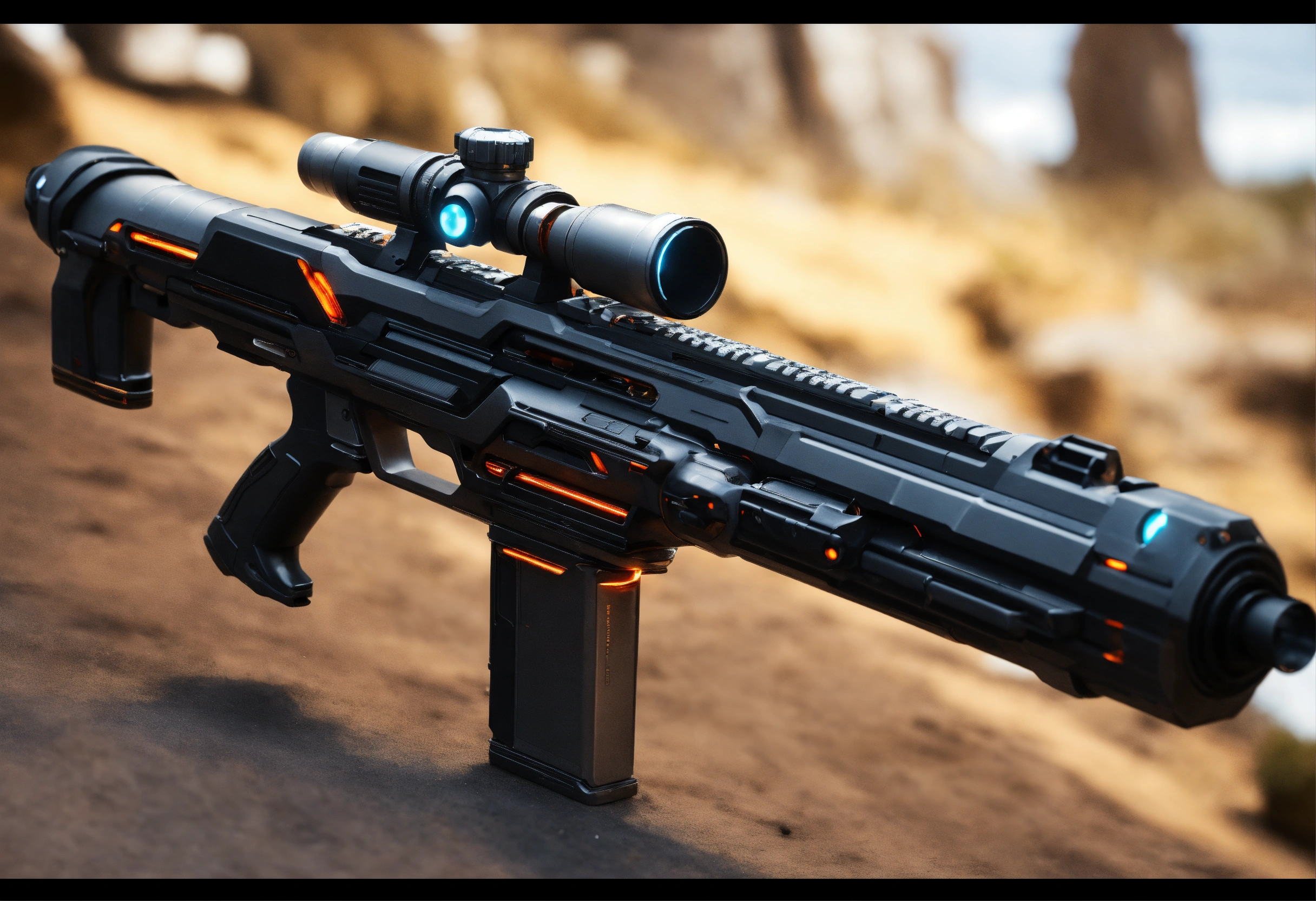 Lexica - Side view of a black sci fi energy rifle, HD, ultra detailed