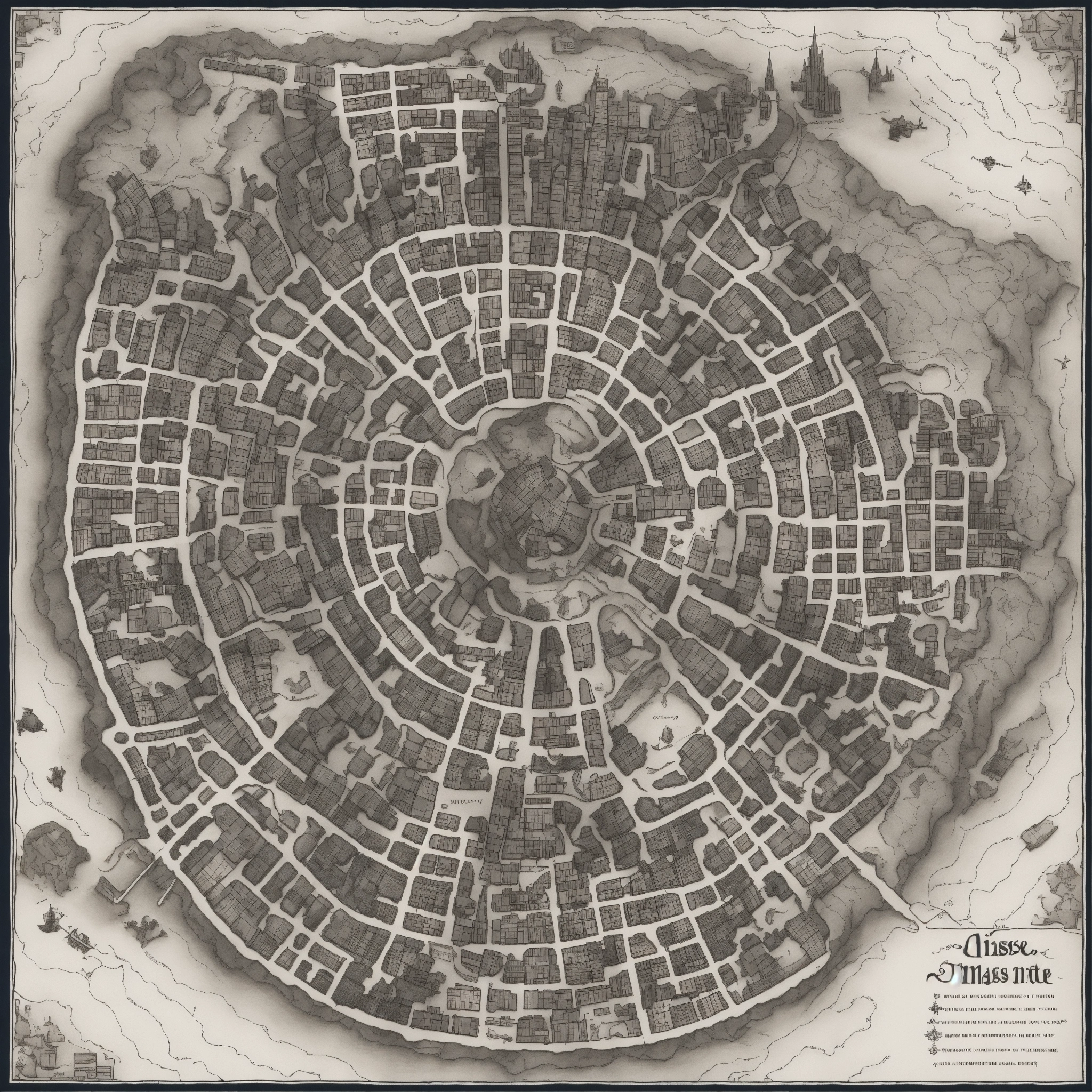 Lexica - Inked map of a massive fantasy city. top-down view