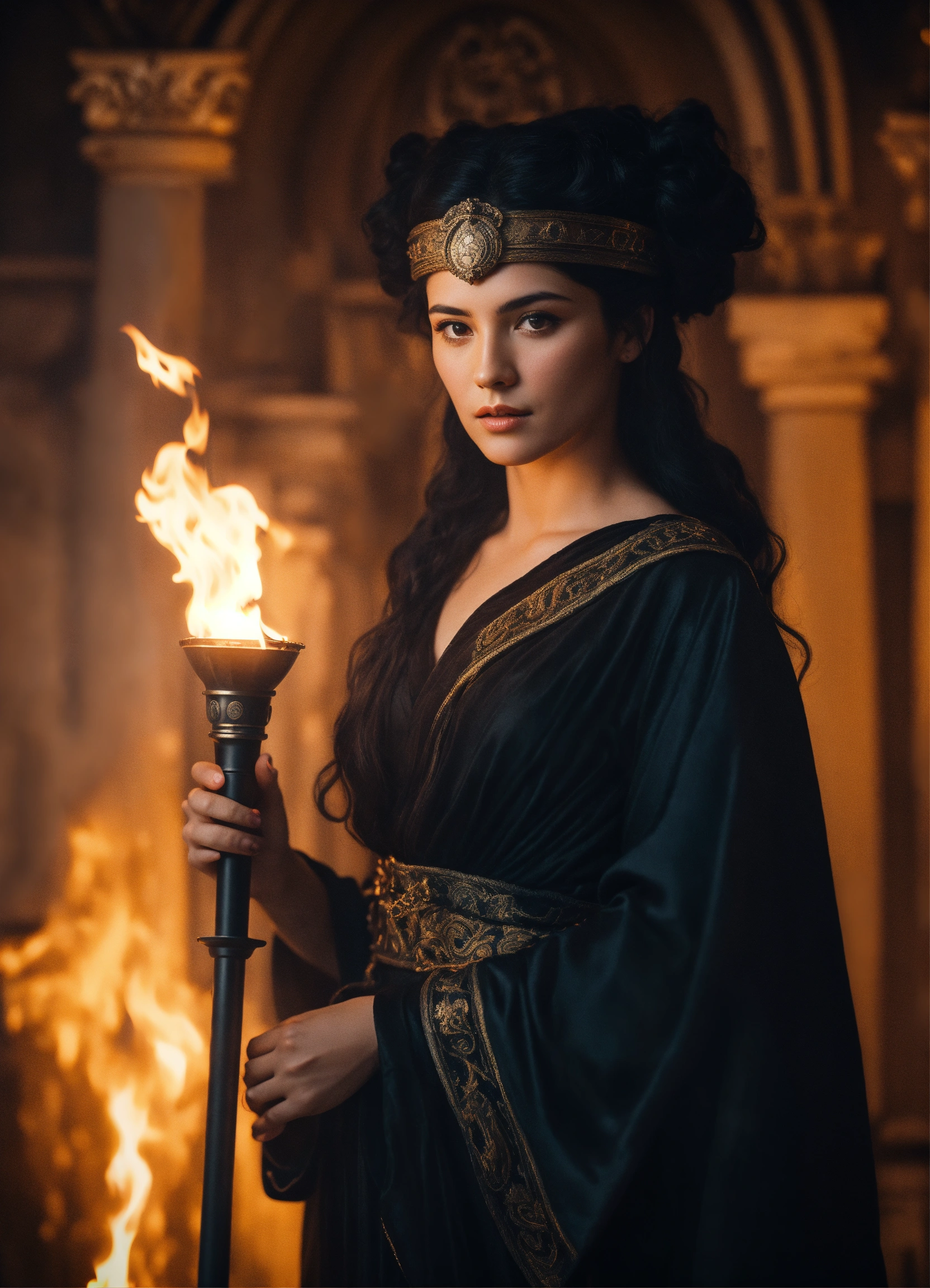Lexica - Greek goddess Hecate holding a torch, black hair, flowing ...